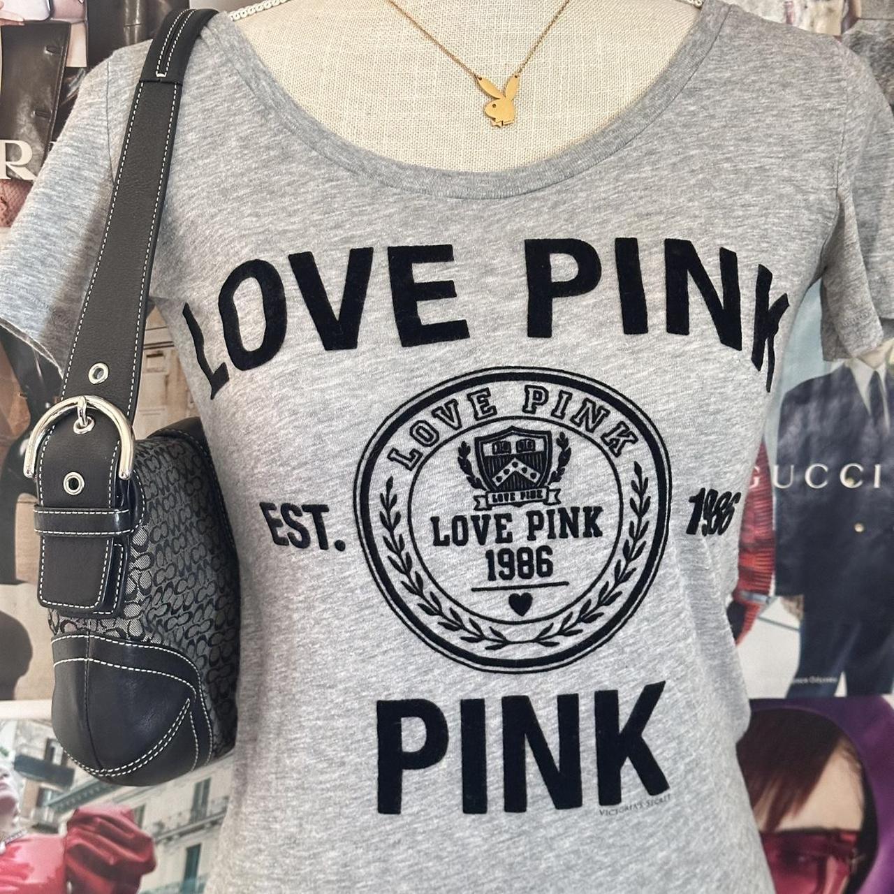 Gray & Black Love Pink Tee by Victoria’s Secret PINK... | Depop
