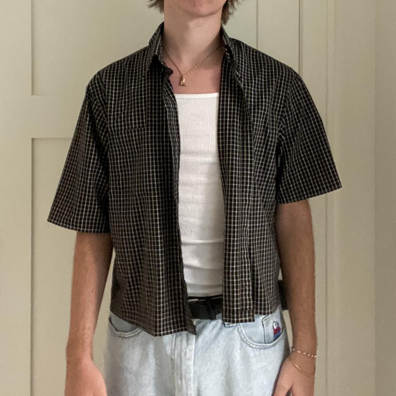 Vintage reworked boxy cropped men’s button up shirt... - Depop