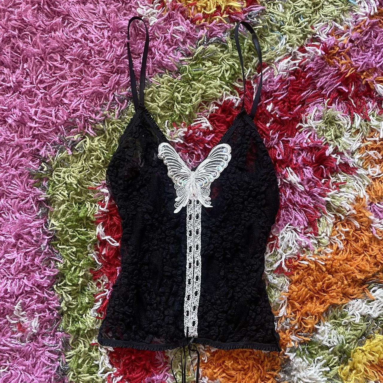 Cutie black lace, white butterfly cami top, with... | Depop