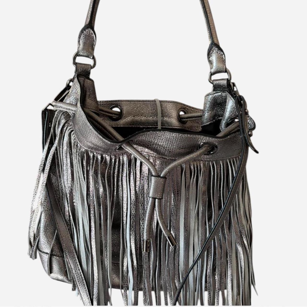 Milly Silver and grey leather fringe crossbody bag... | Depop