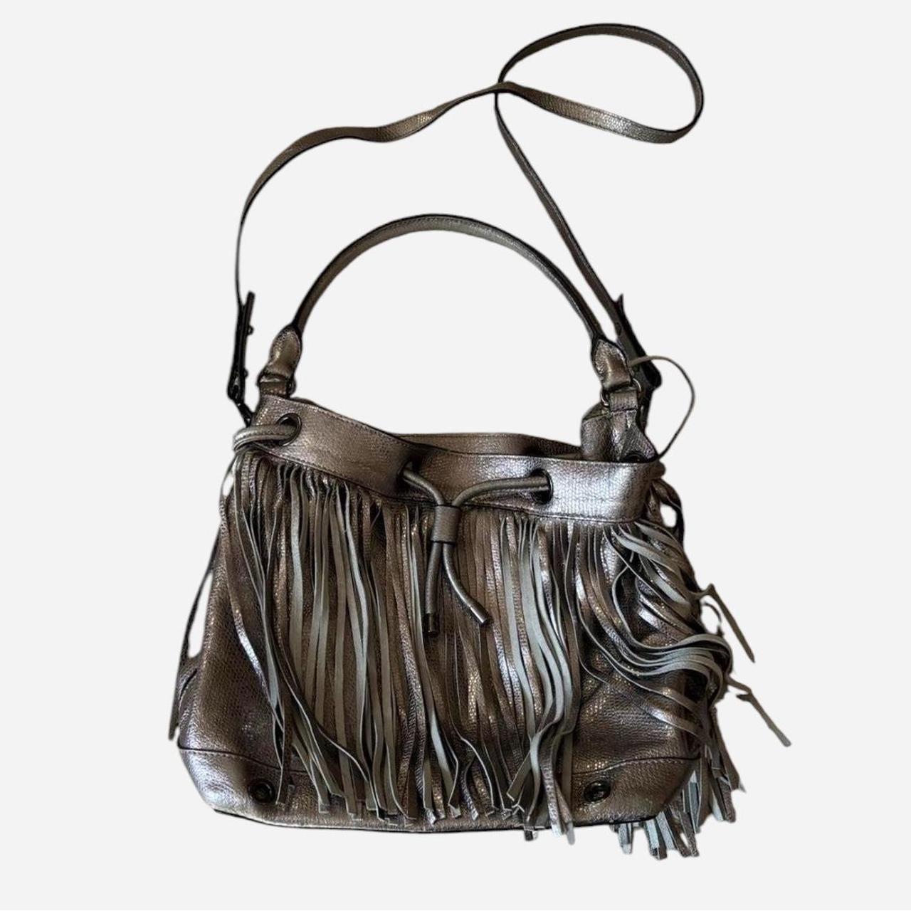 Milly Silver and grey leather fringe crossbody bag... | Depop