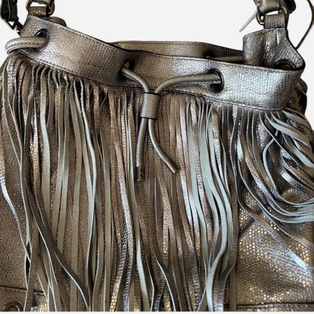 Milly Silver and grey leather fringe crossbody bag... | Depop