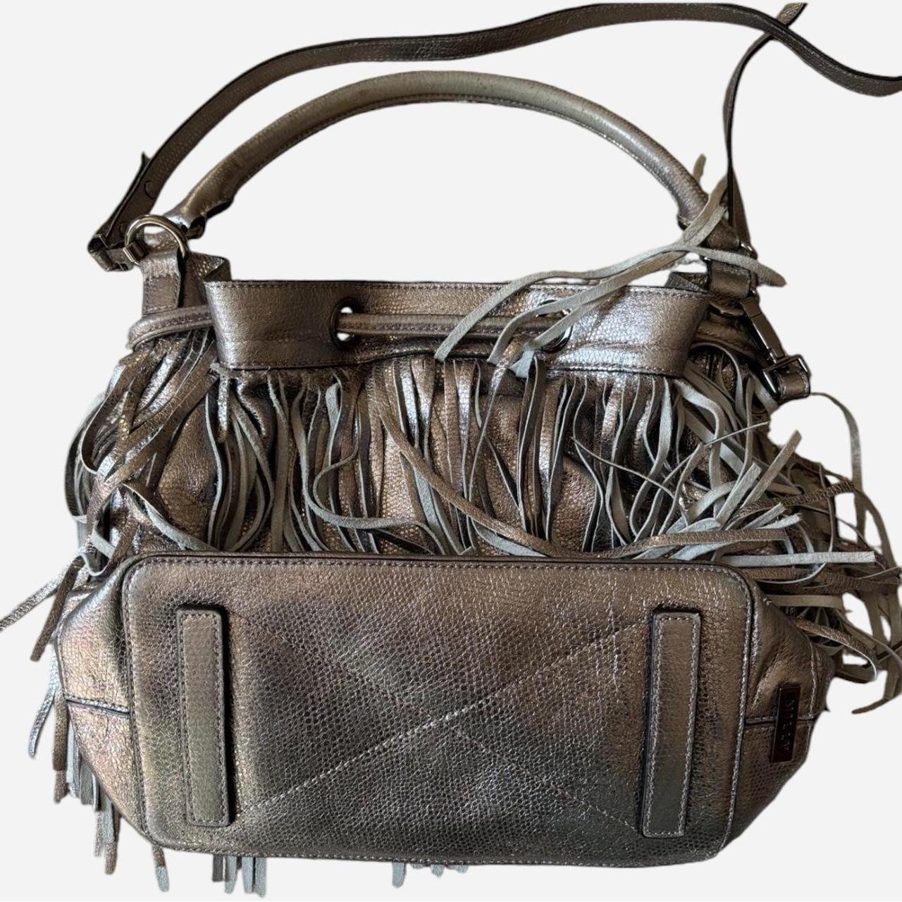 Milly Silver and grey leather fringe crossbody bag... | Depop