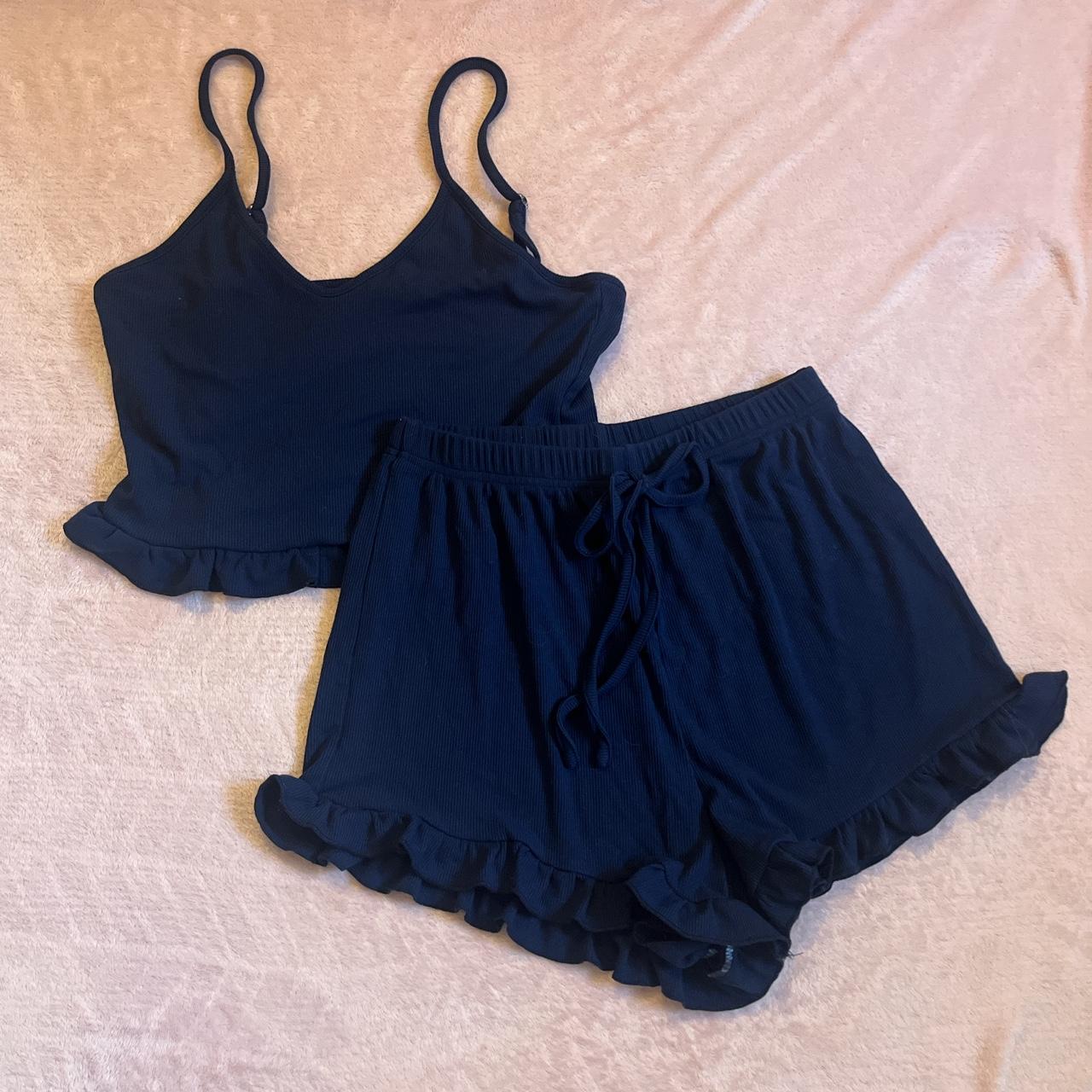 Small dark blue ribbed pj set with frills, great for... - Depop