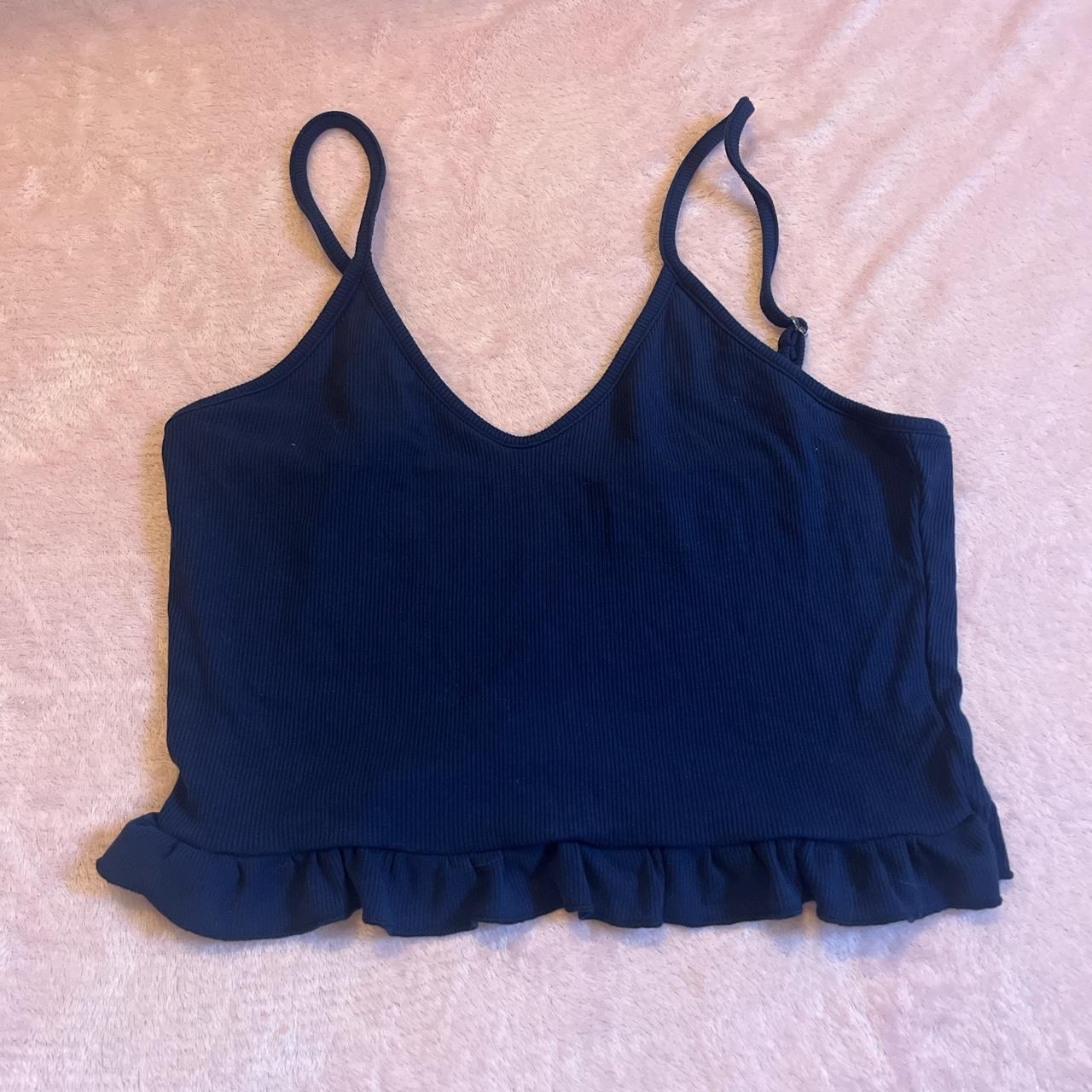 Small dark blue ribbed pj set with frills, great for... - Depop