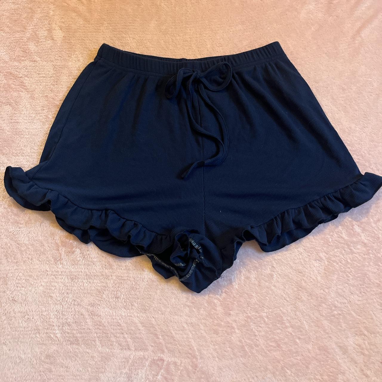 Small dark blue ribbed pj set with frills, great for... - Depop