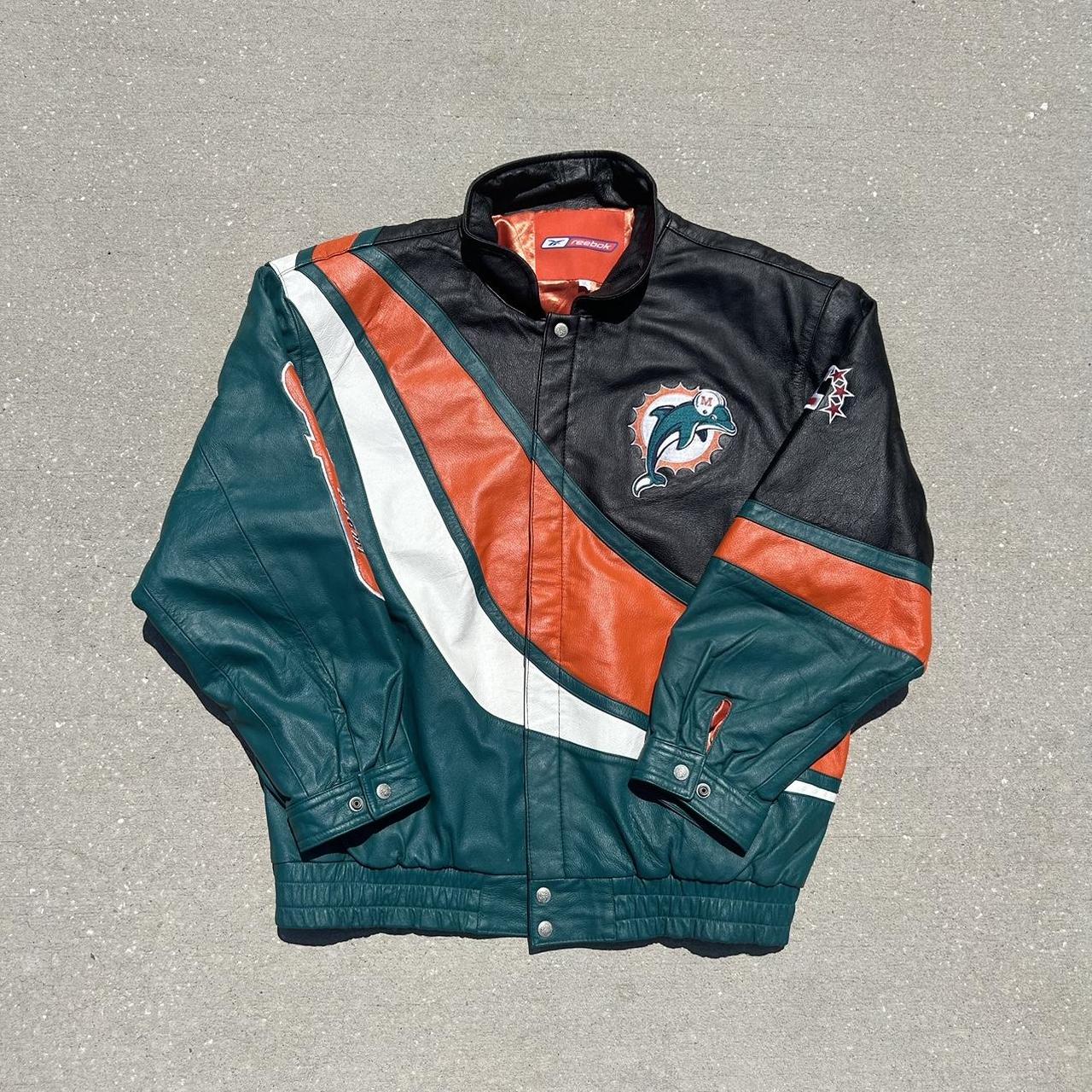 90s Miami Dolphins leather jacket No flaws at... - Depop