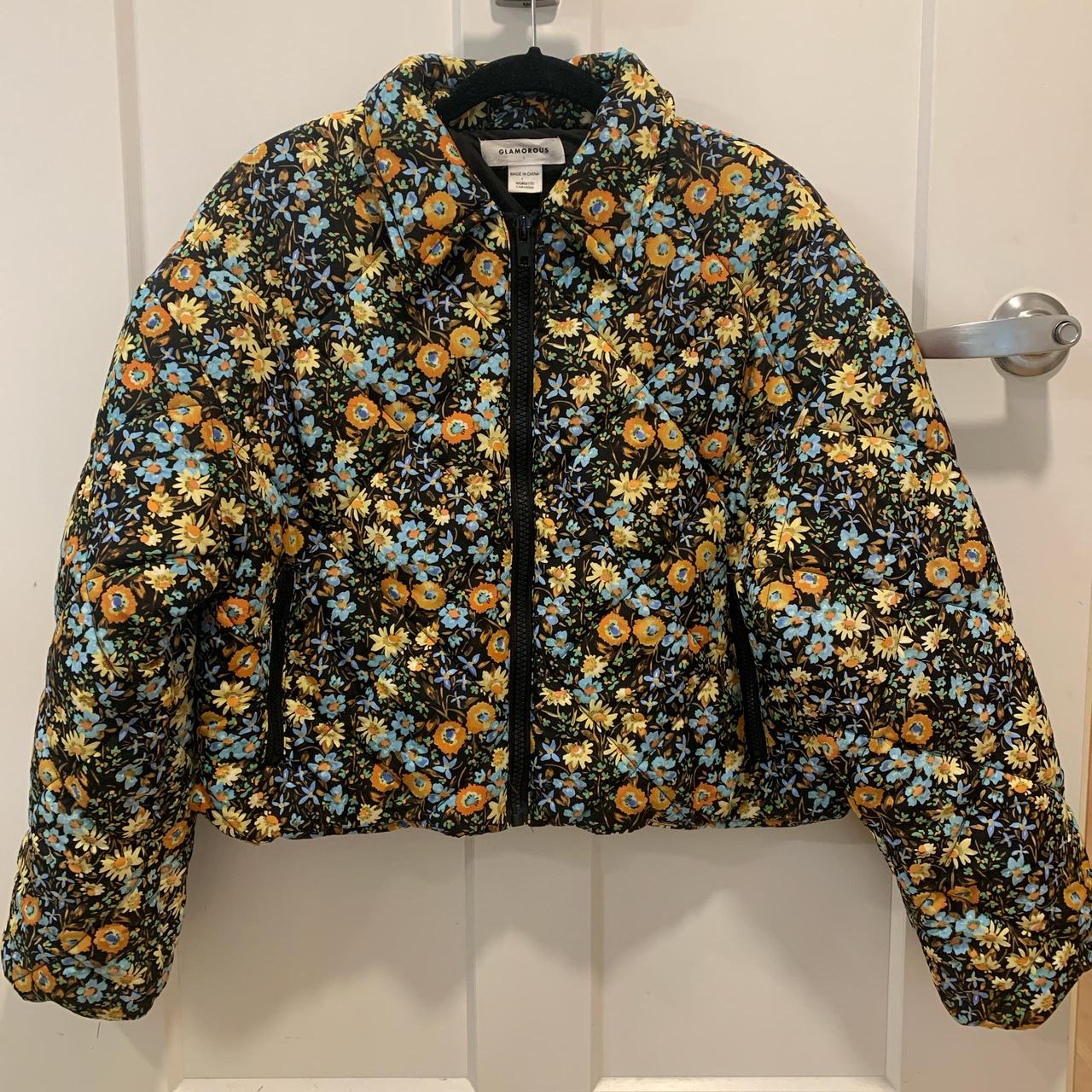 Cropped floral light puffer-type collared jacket... - Depop