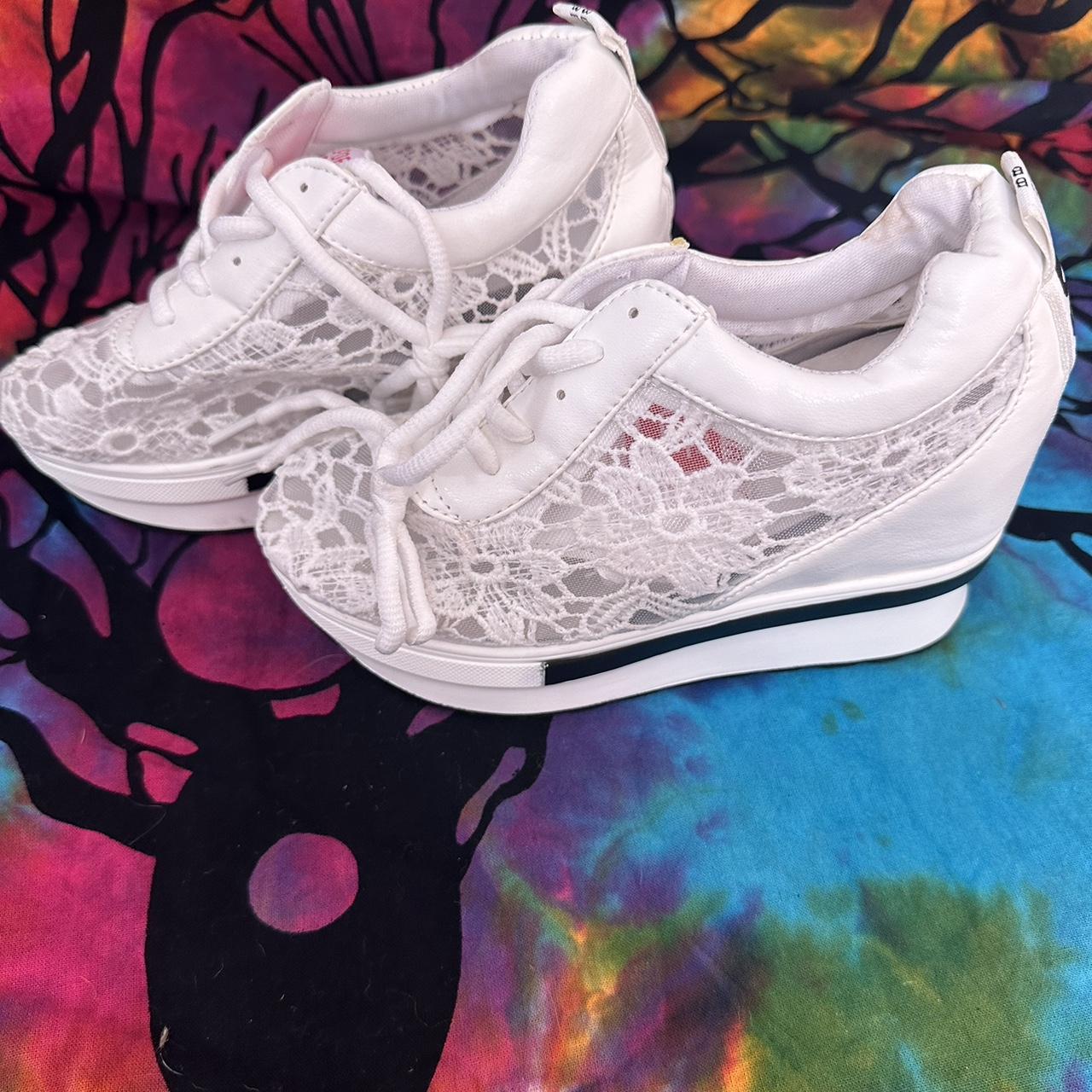 White lace wedge platform trainers size... - Depop