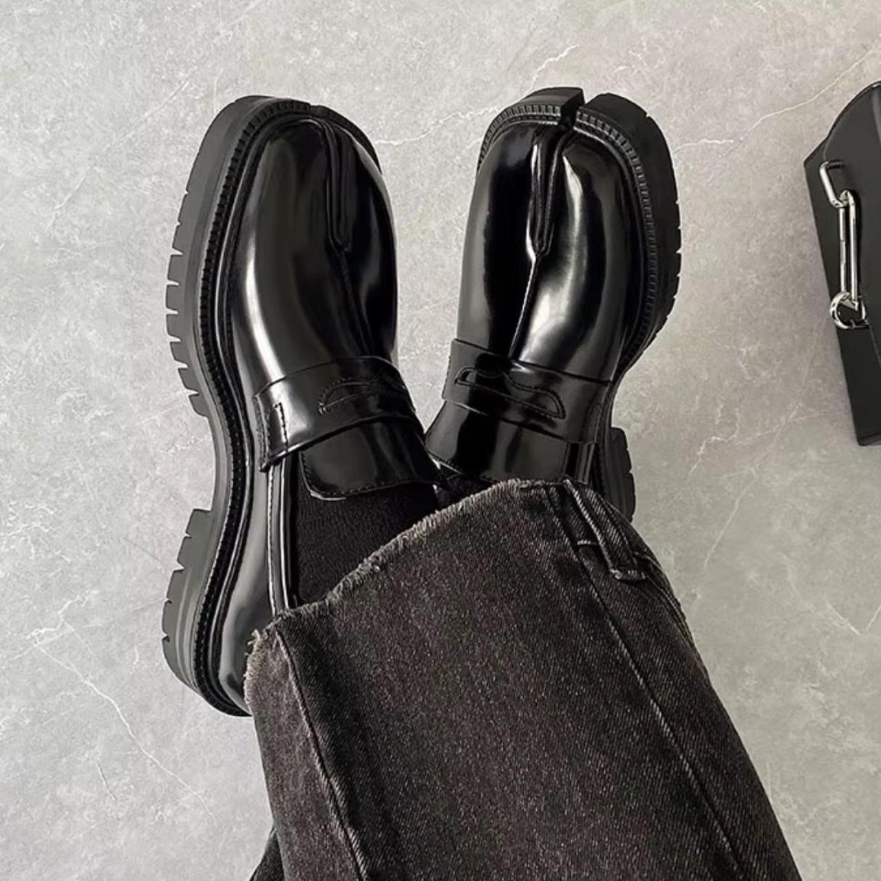Black Leather Tabi Split Toe Platform Loafers - $5... | Depop