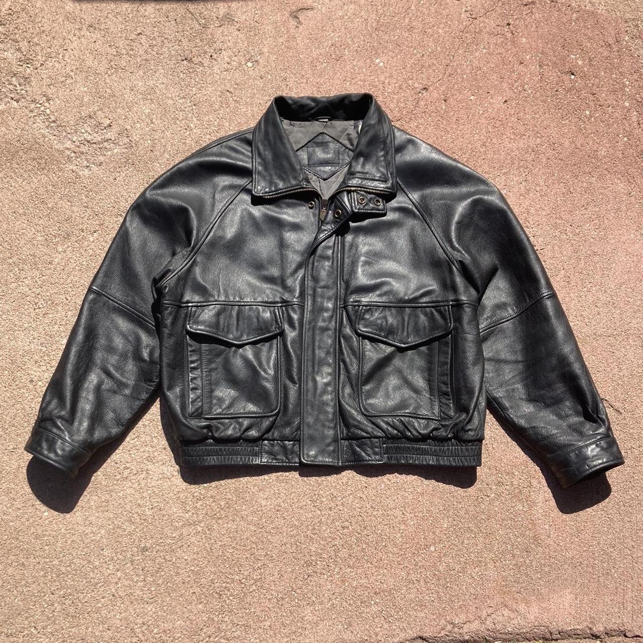 Vintage leather jacket 1990s Outdoor Exchange... - Depop