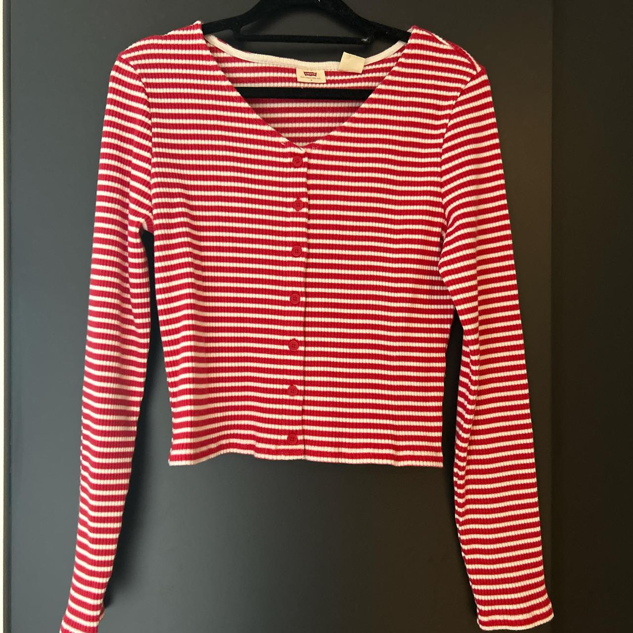 Levi’s 🍒 red and white striped long sleeve button up... - Depop