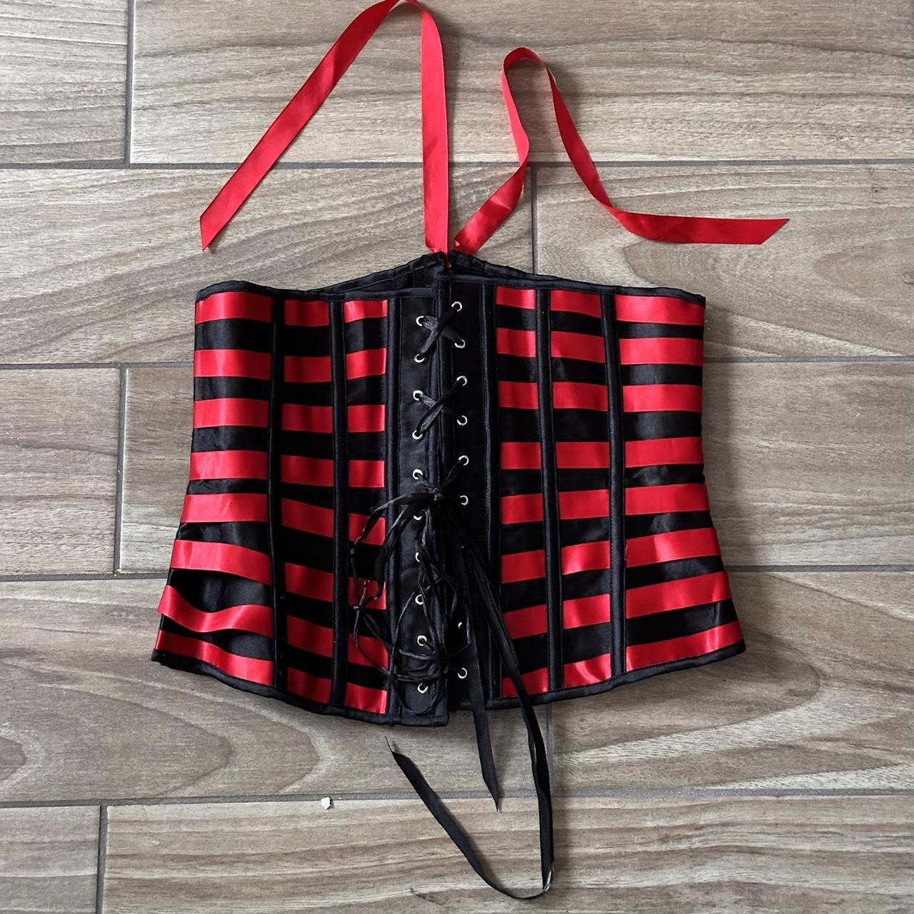 Black with red ribbon corset top Size listed is XL,... - Depop