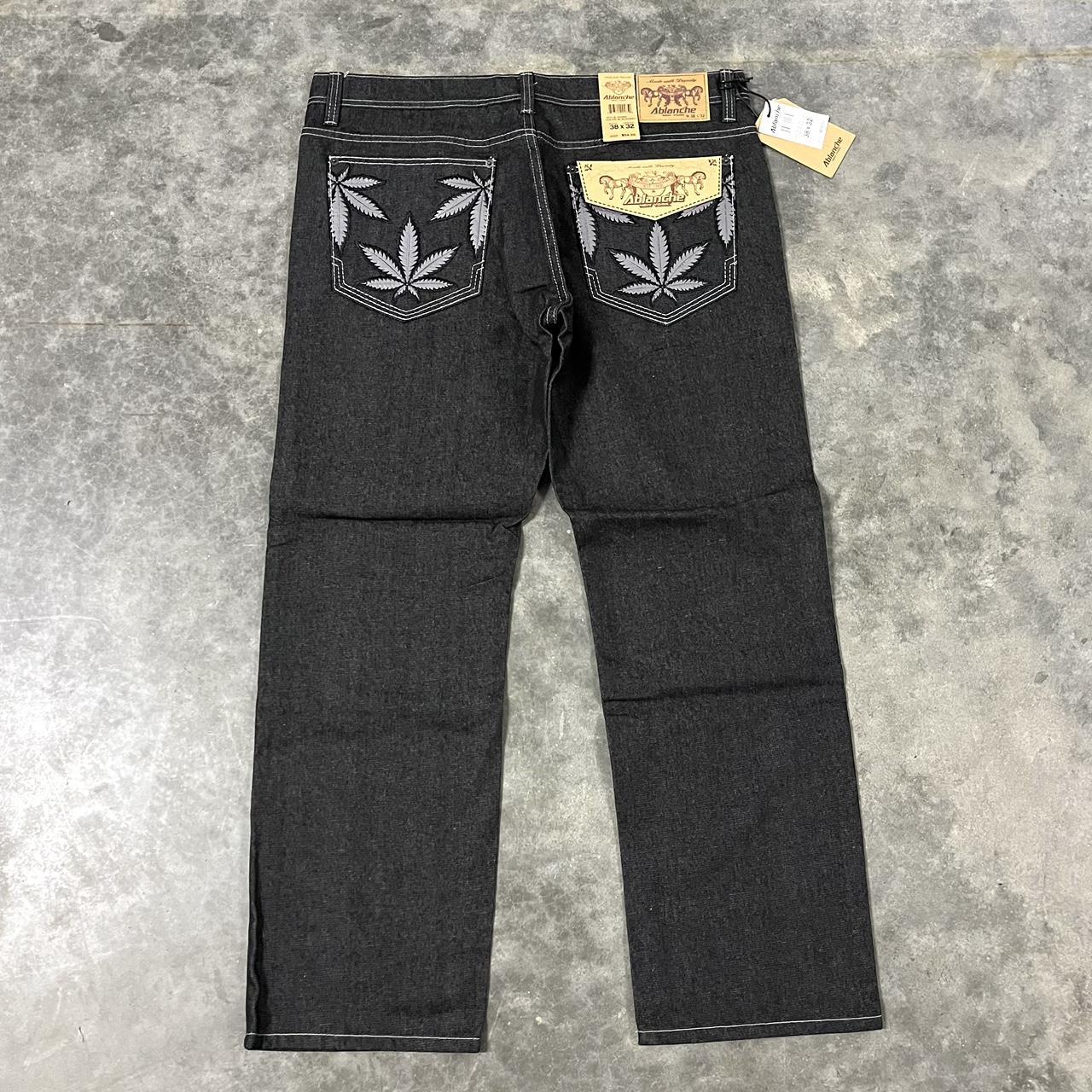 Y2K 2000s Weed Leaf 420 Baggy Black Denim Jeans New... - Depop