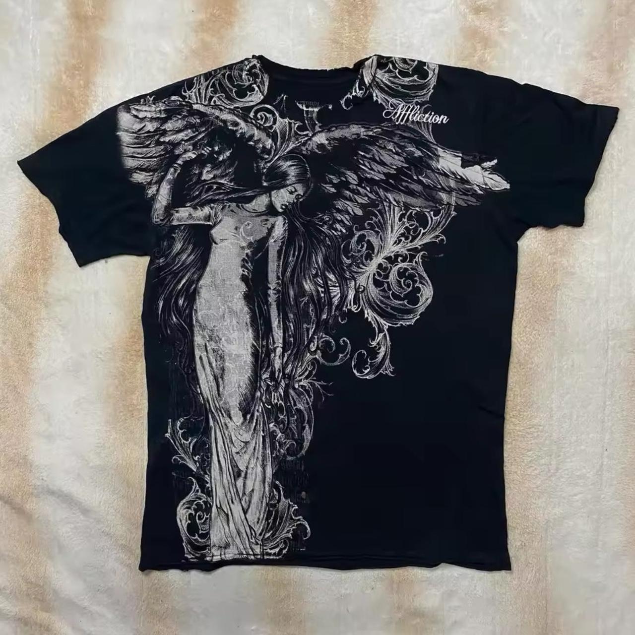 Black Affliction tee with angel design #gothfashion | Depop