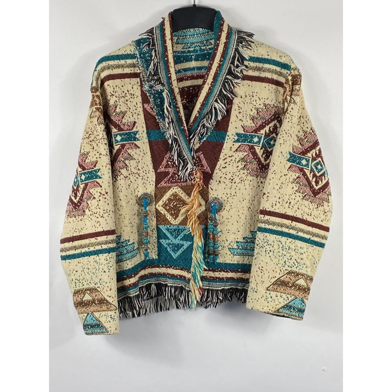Vintage Aztec Blanket Jacket Shawl Fringe Weave Coat... - Depop