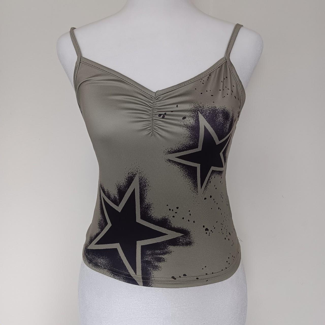 y2k acubi army green star cami with ruching and... | Depop