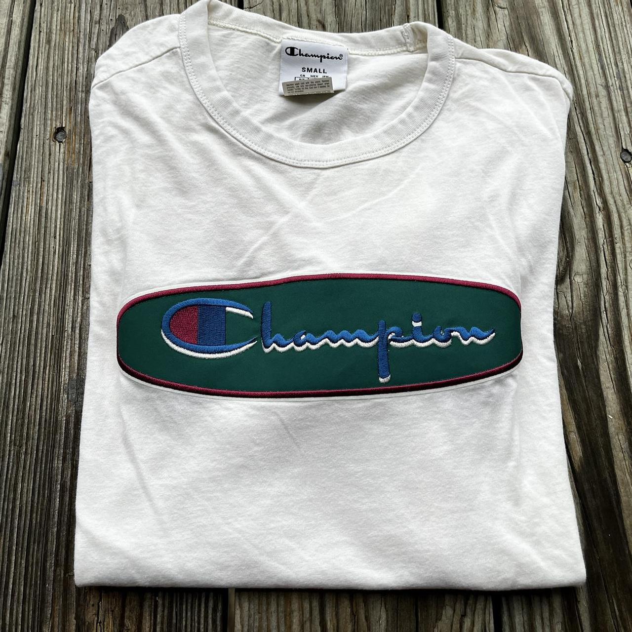 Champion Authentic White Embroidered Logo Short... - Depop