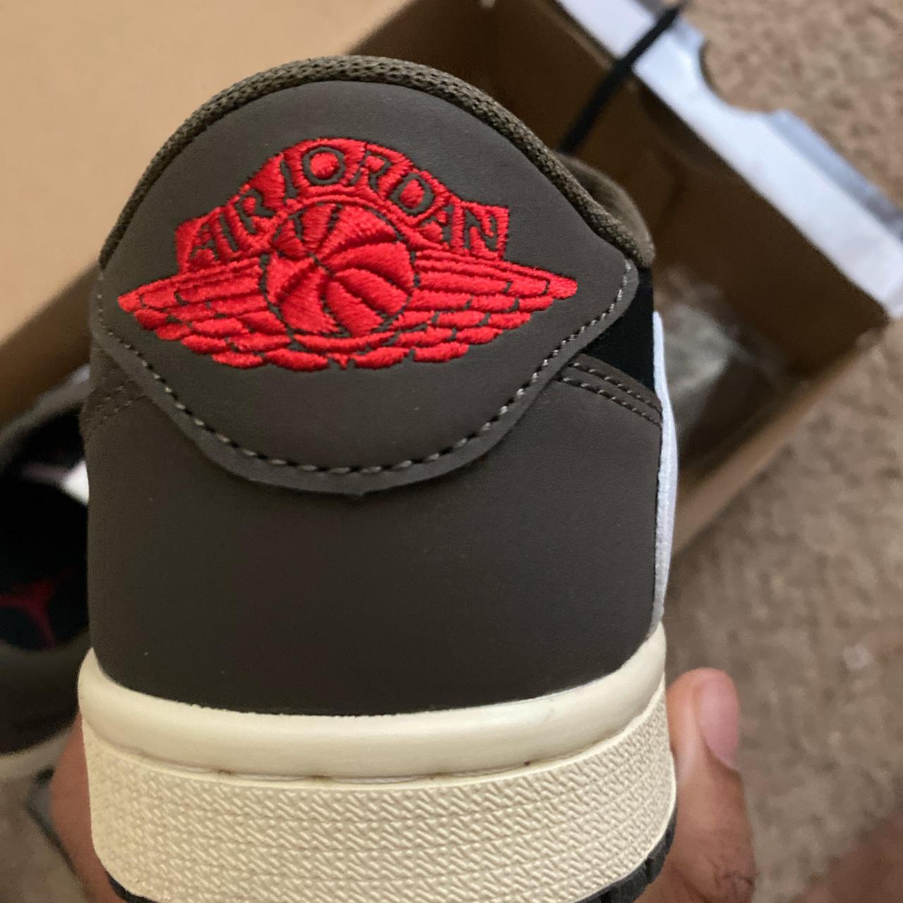 travis scott dark mocha dunks with box w red green... - Depop