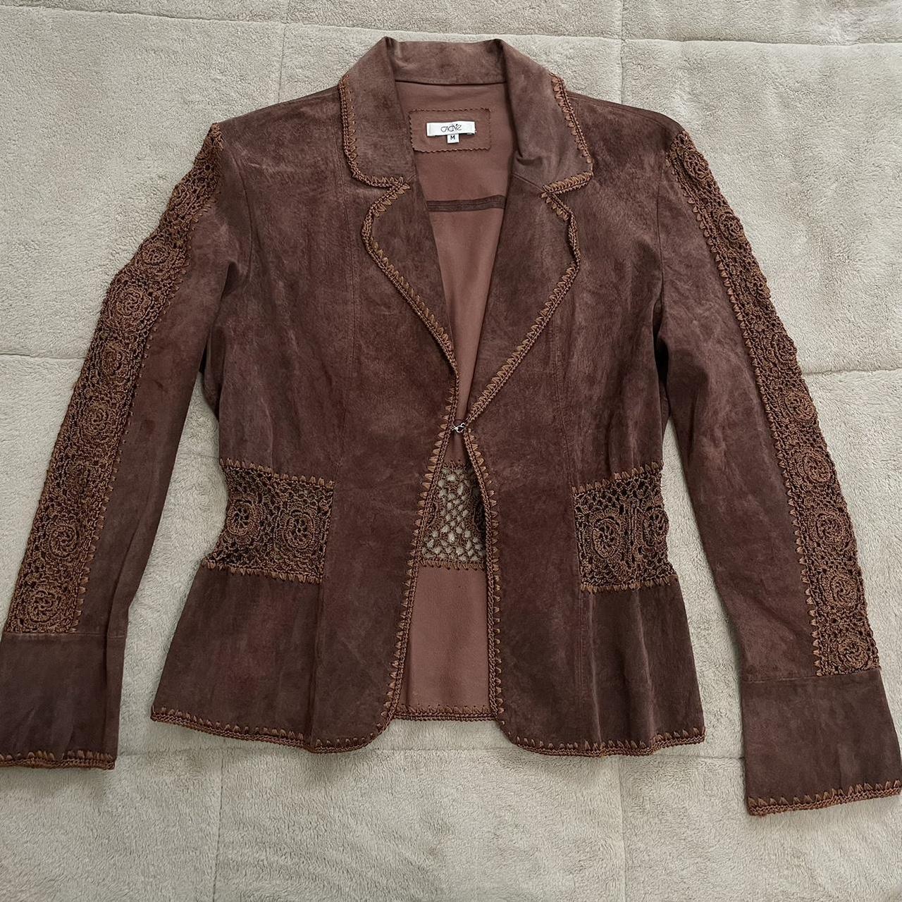 Caché Brown Crochet Suede Leather Blazer Jacket.... - Depop