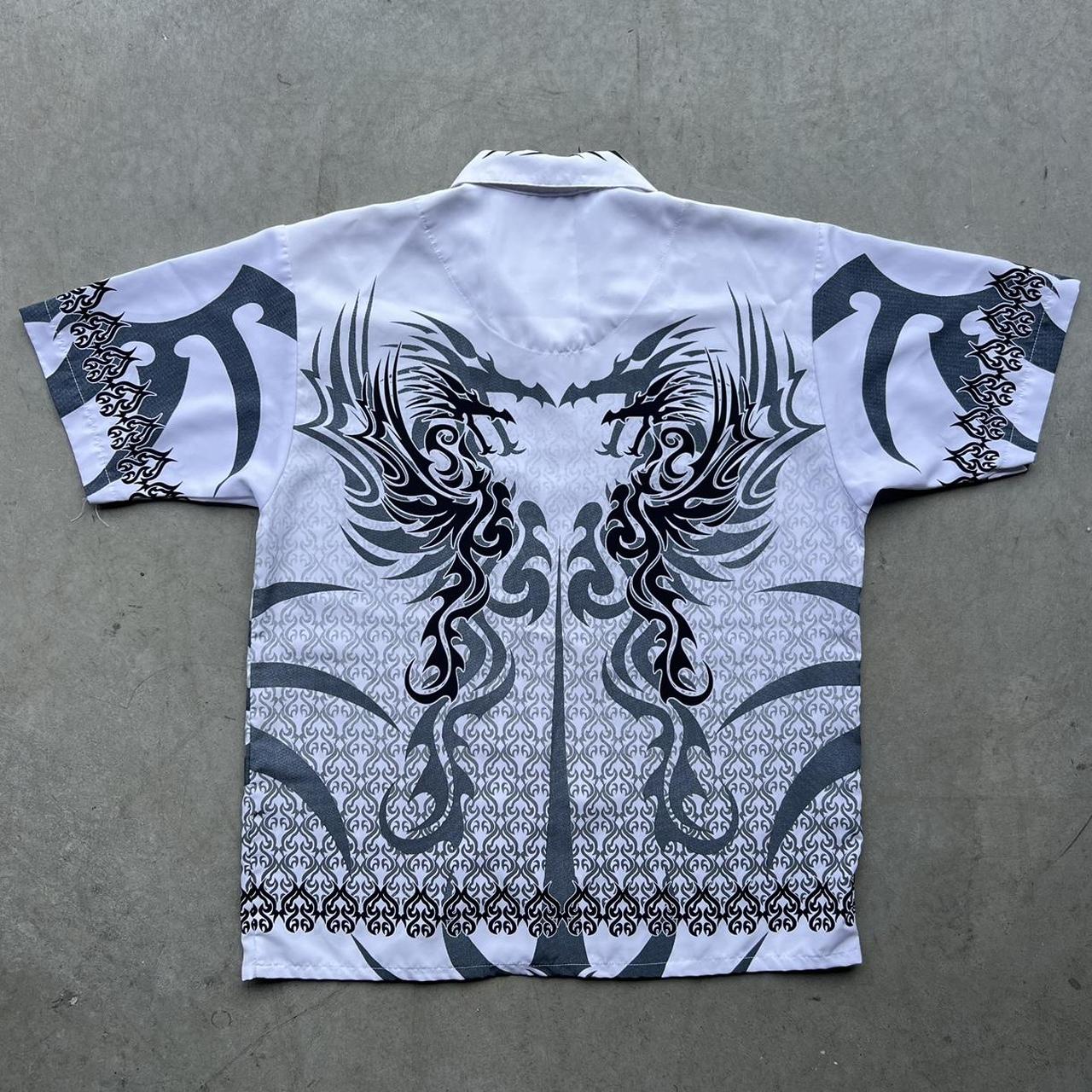 Medium Rare Y2k tribal dragon button up shirt with a... - Depop