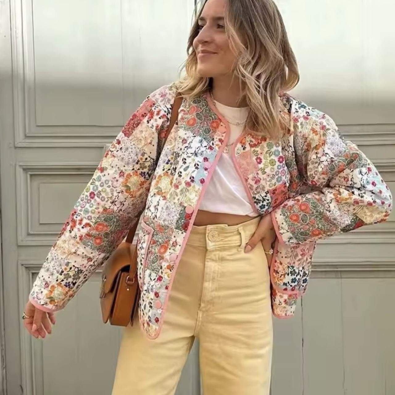 cutest pink cream blue floral print patchwork long... - Depop