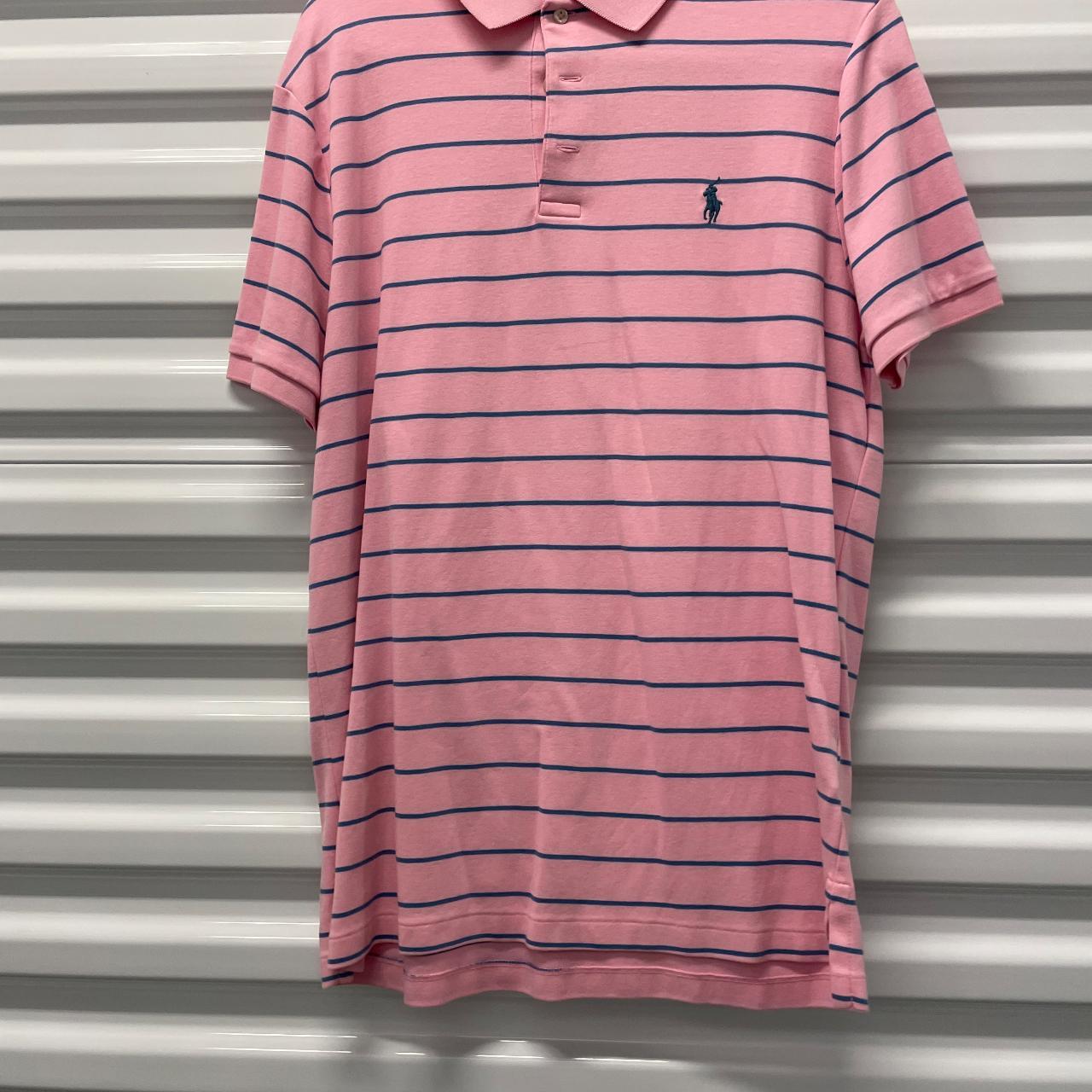 Ralph Lauren men's baby pink polo shirt with blue... - Depop