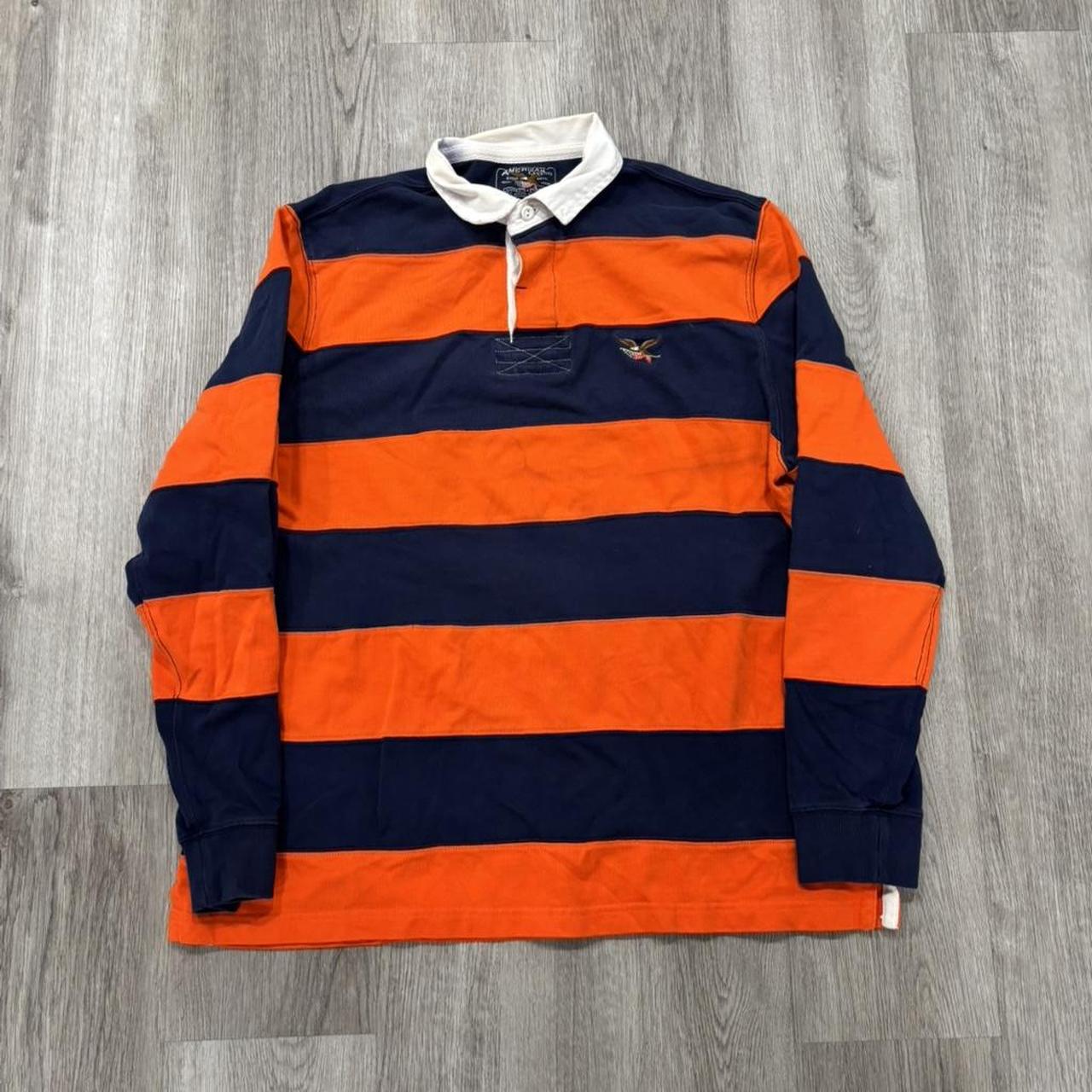 Vintage orange and blue stripped rugby long sleeve... | Depop