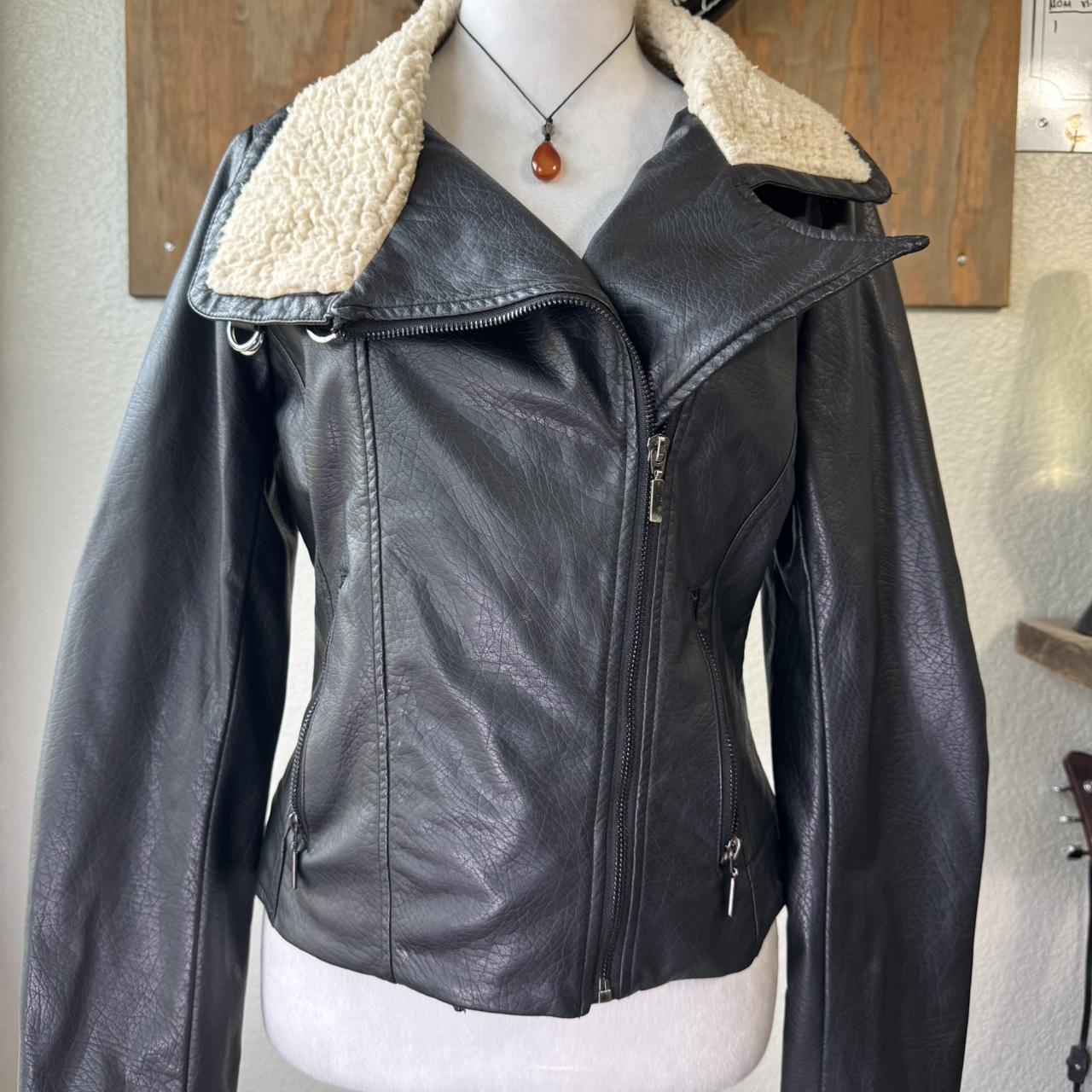 Yoki Black faux leather jacket with cream fur collar... | Depop