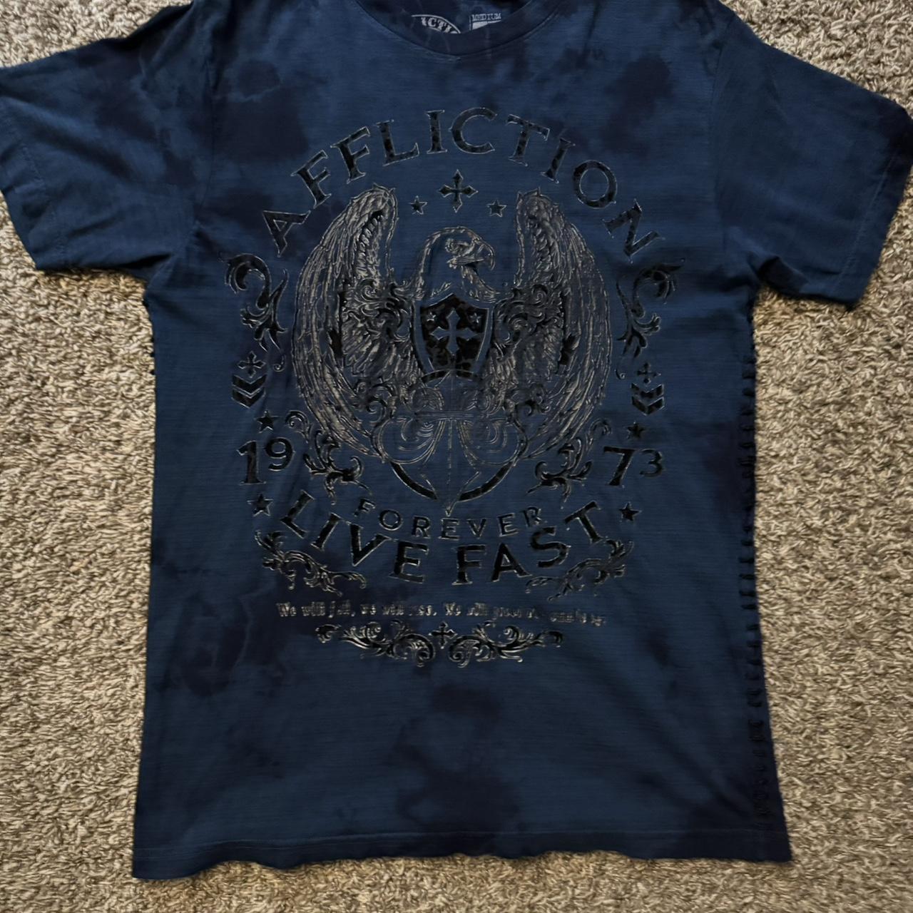 RARE BLUE AFFLICTION SHIRT SIZE MEDIUM FLAW ON THE... | Depop