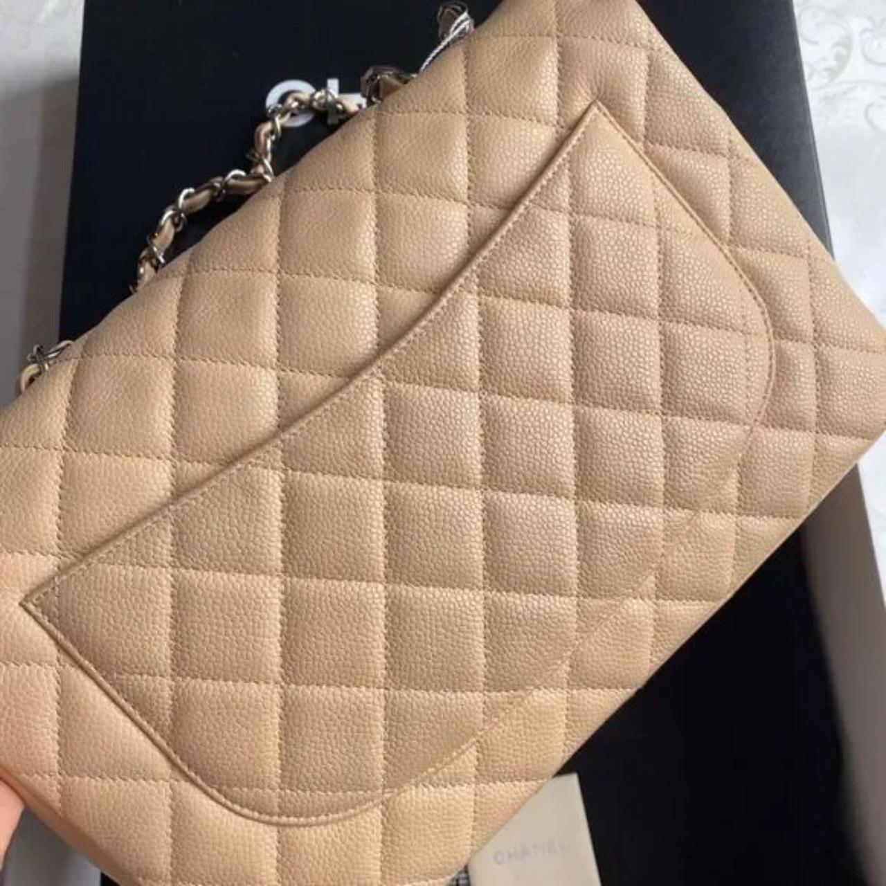 100% authentic CHANEL jumbo caviar beige single flap... - Depop