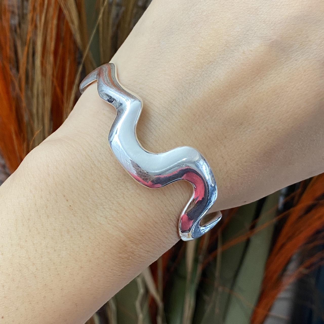 S925 silver wave irregular chunky cuff bangle... - Depop