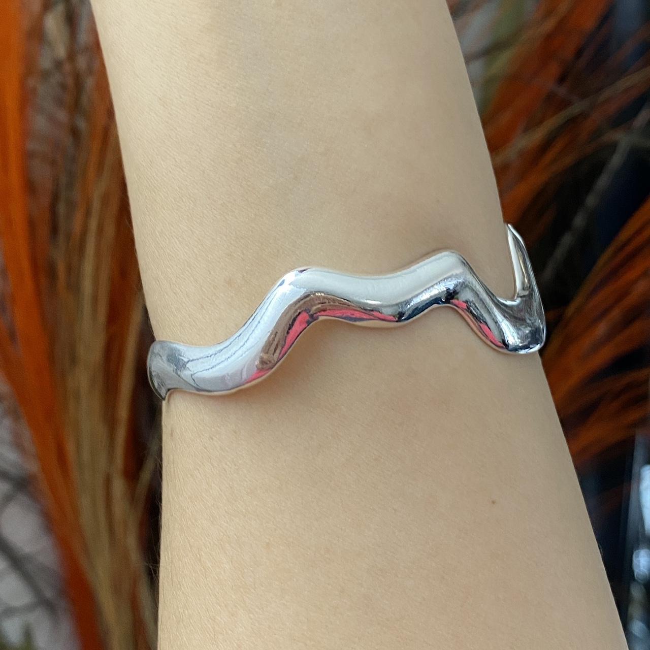 S925 silver wave irregular chunky cuff bangle... - Depop