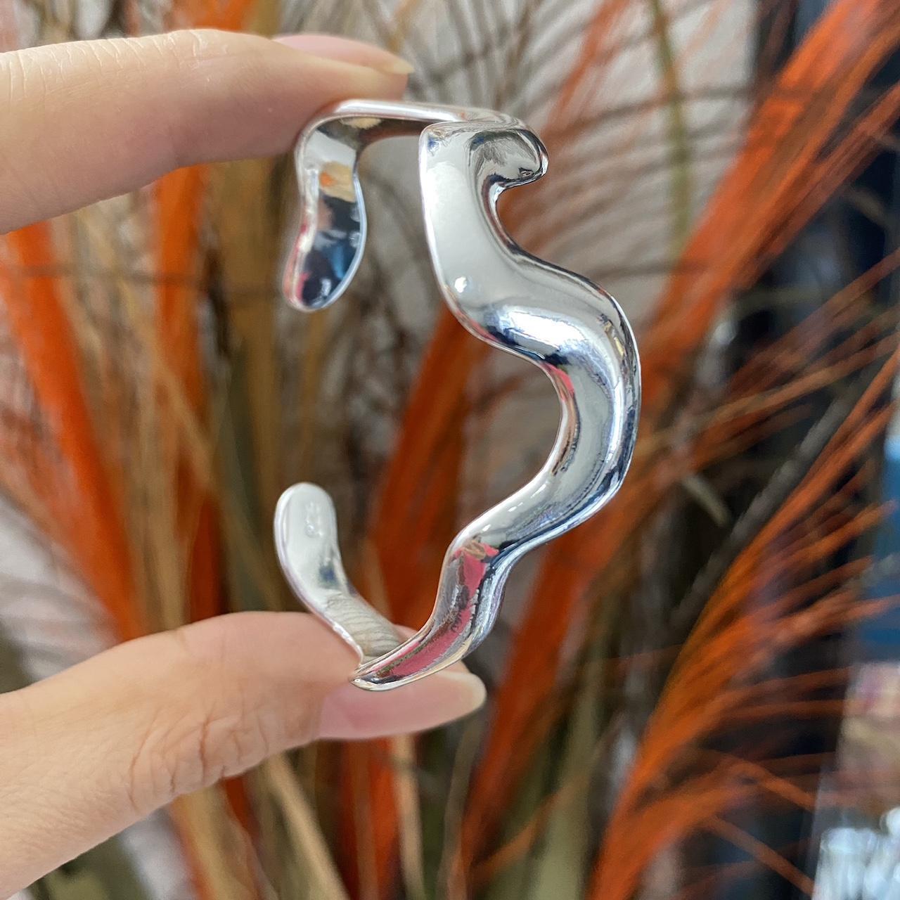 S925 silver wave irregular chunky cuff bangle... - Depop