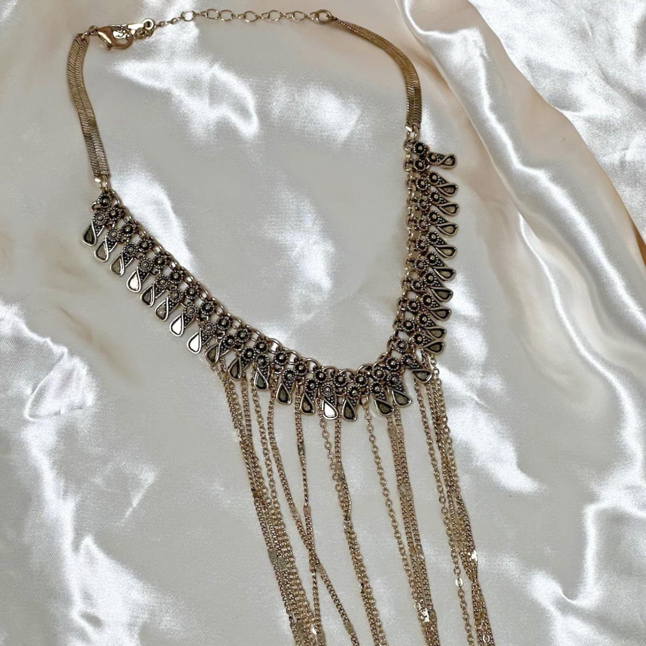 Vintage Brass Bib Necklace – Long Fringe Chains &... | Depop