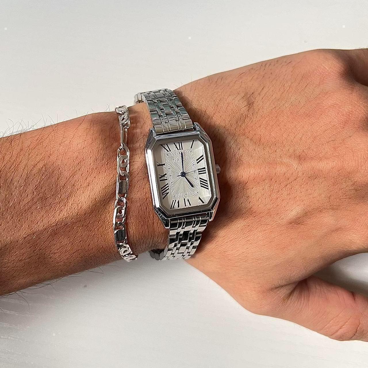 Silver Rectangle Quartz Watch – Unisex Minimalist... | Depop