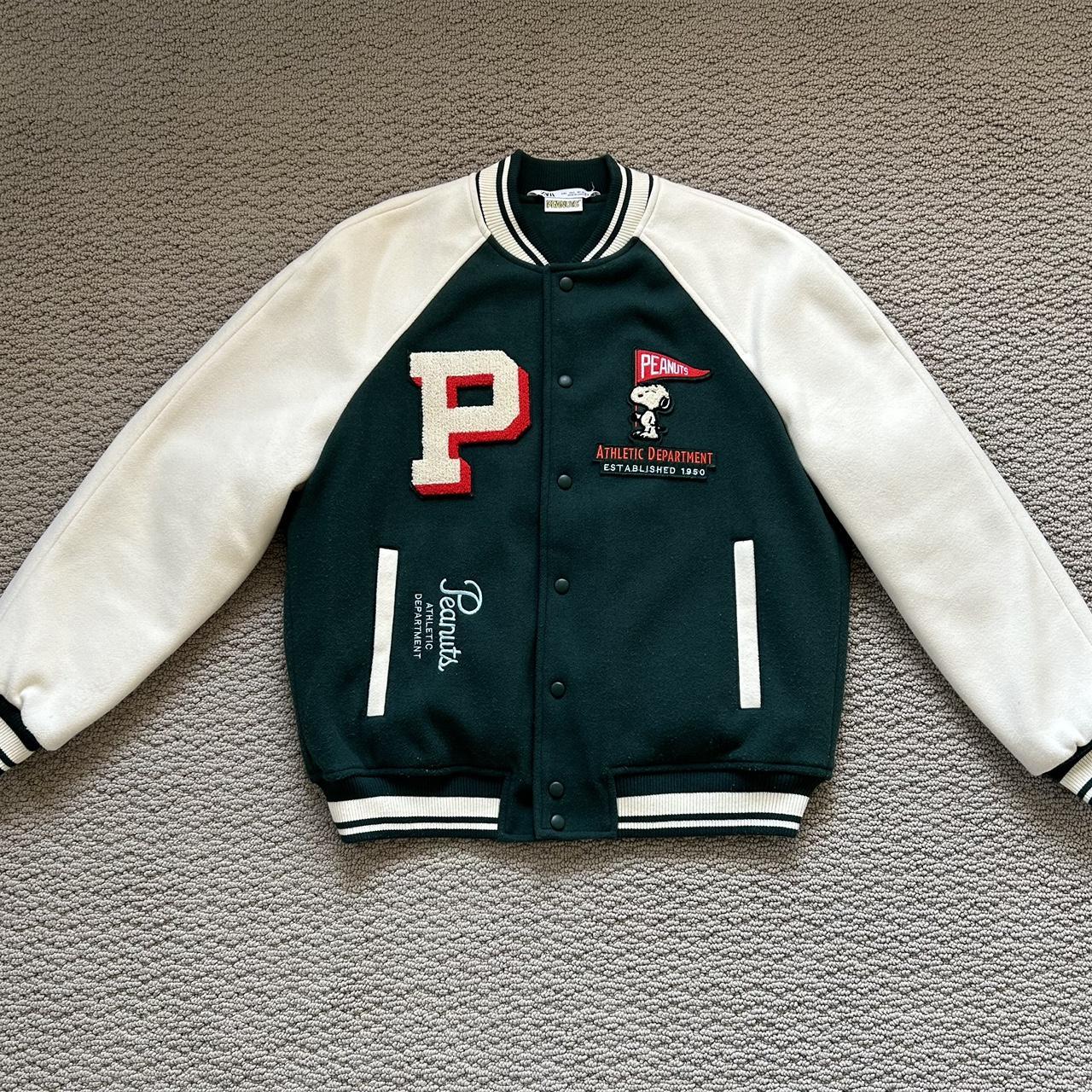 Large Zara peanuts varsity jacket Worn once - Depop