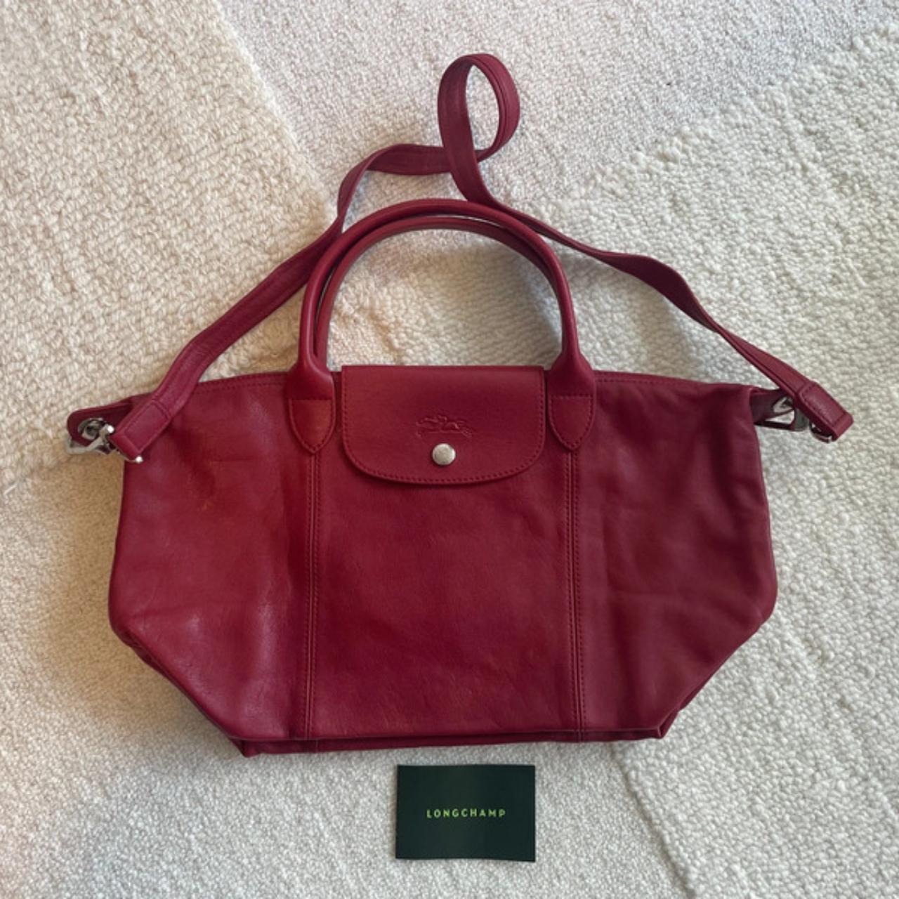 Red Leather Pliage Longchamp Handbag - Unusued - Depop