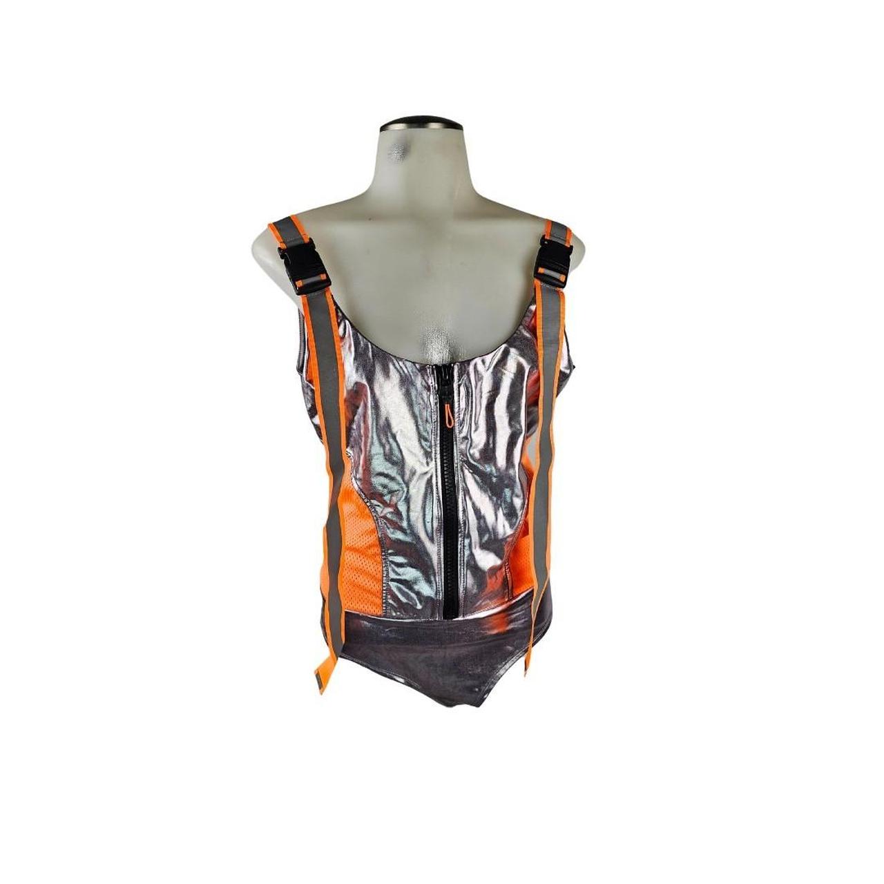 Rave Silver and Neon Orance Cheeky Thong Onesie - Depop