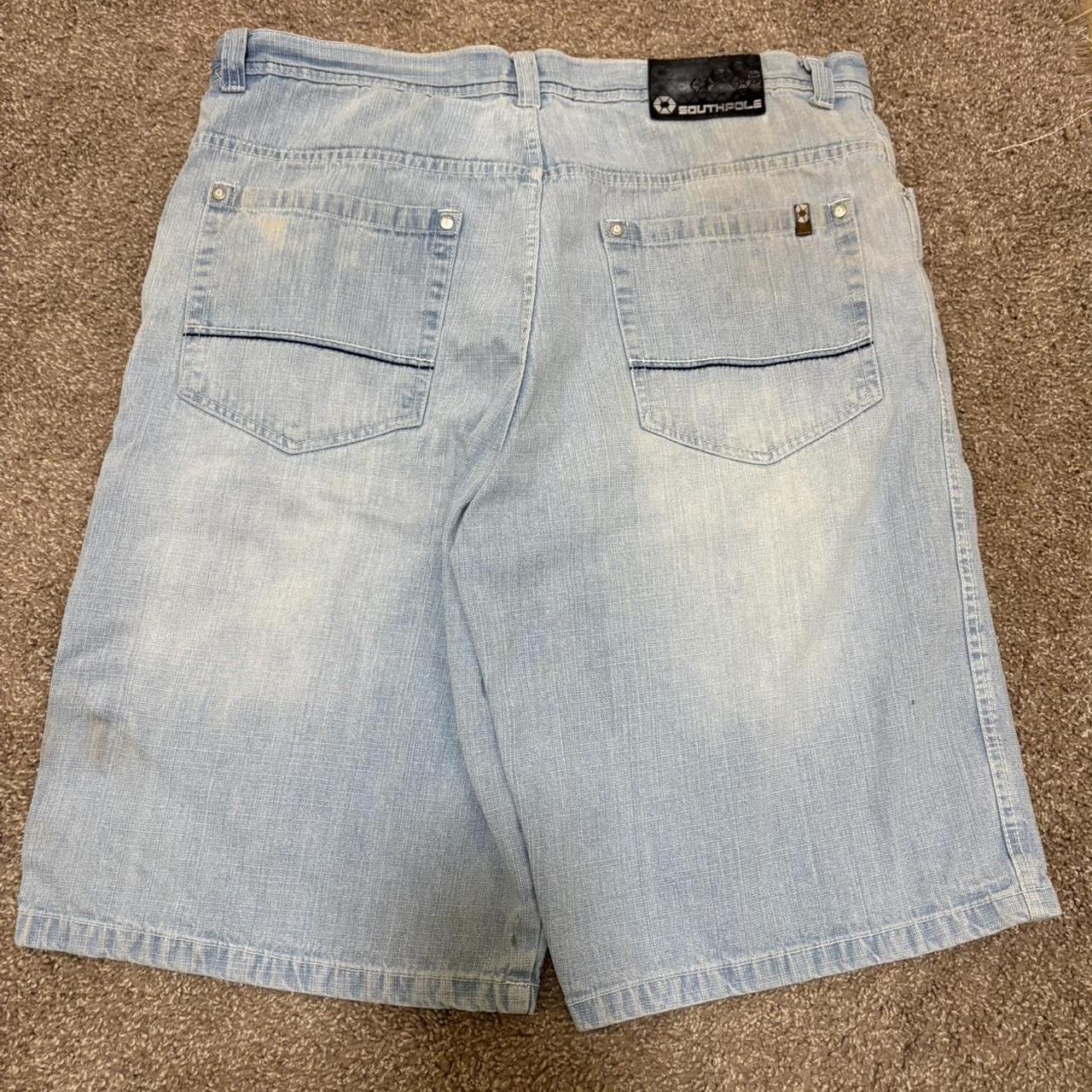 y2k light blue southpole brown tab jorts super baggy... | Depop