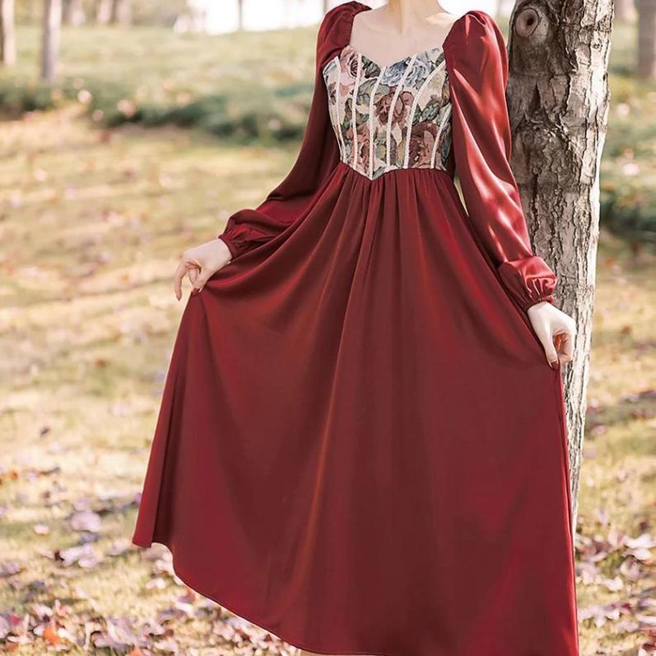 Wine Red Square Collar Floral Print Corset Long... - Depop