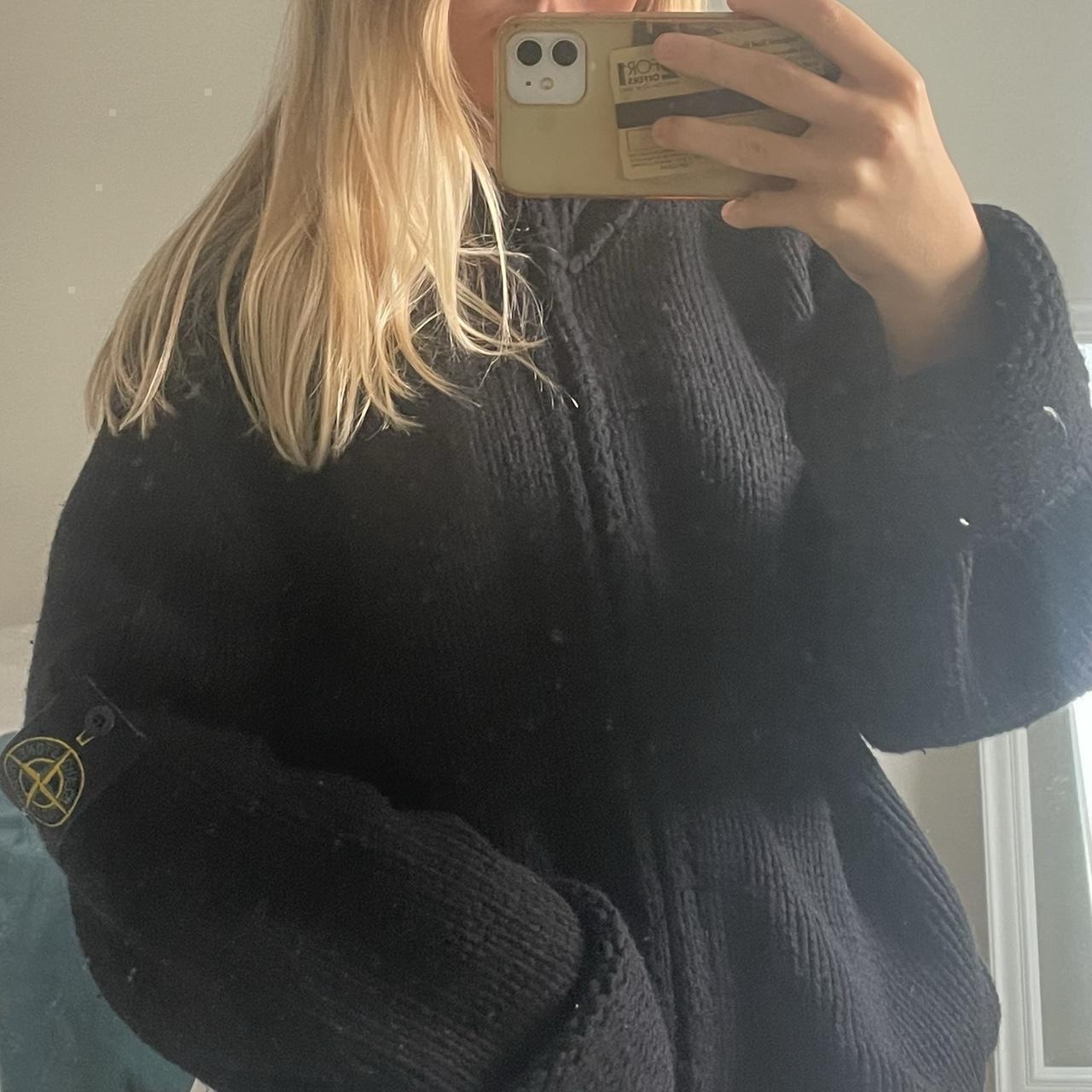stone island vintage black knitted hooded zip up... | Depop