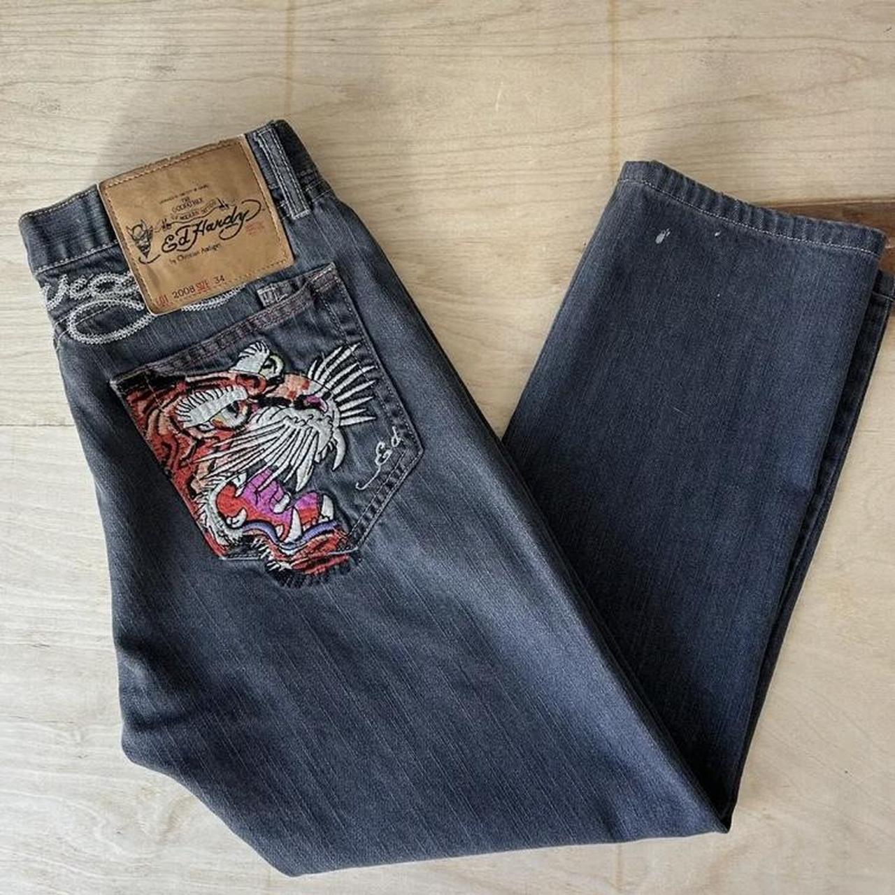 Ed Hardy Tiger Embroidered Jeans Size... - Depop