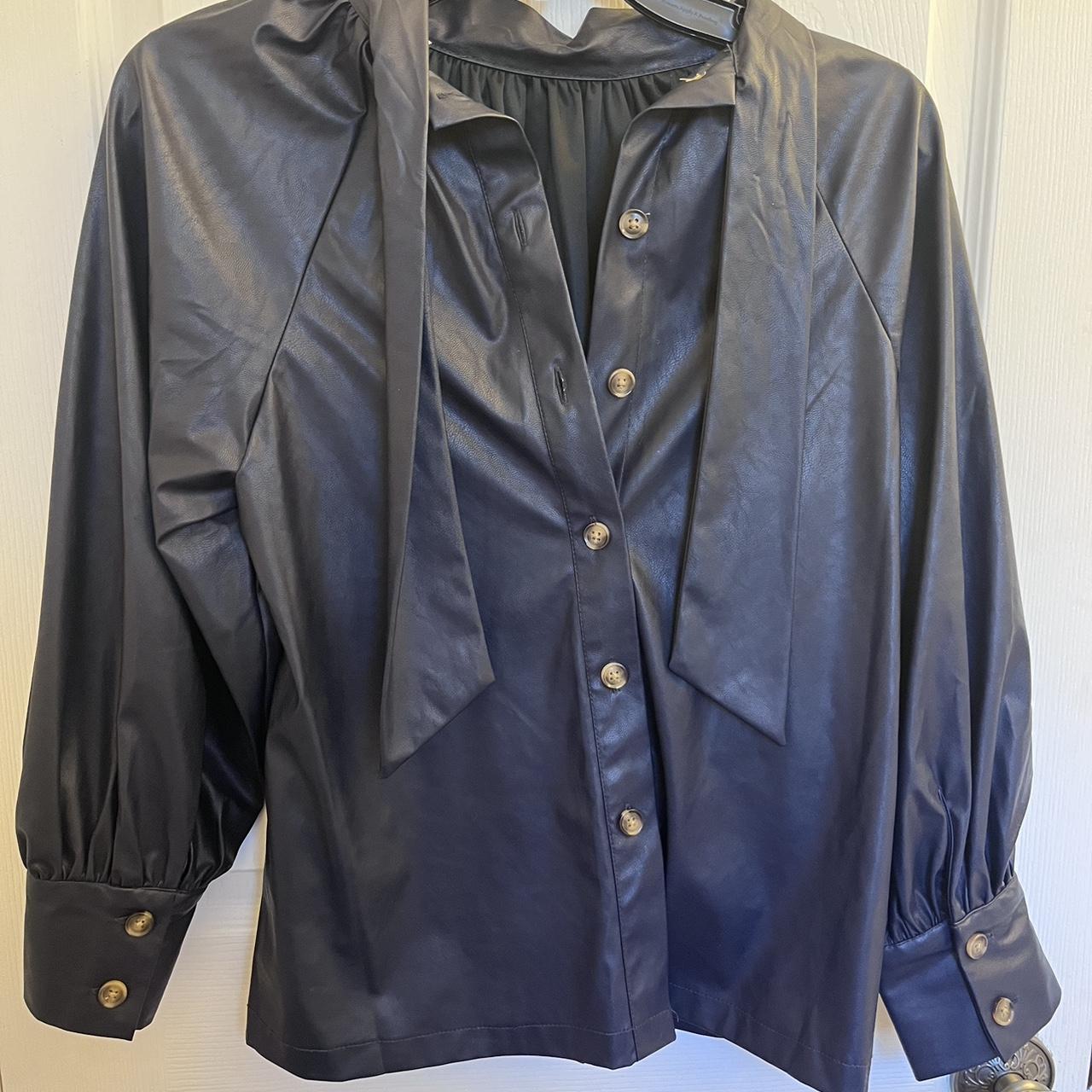 Xs navy vinyl mock neck blouse Never worn - Depop