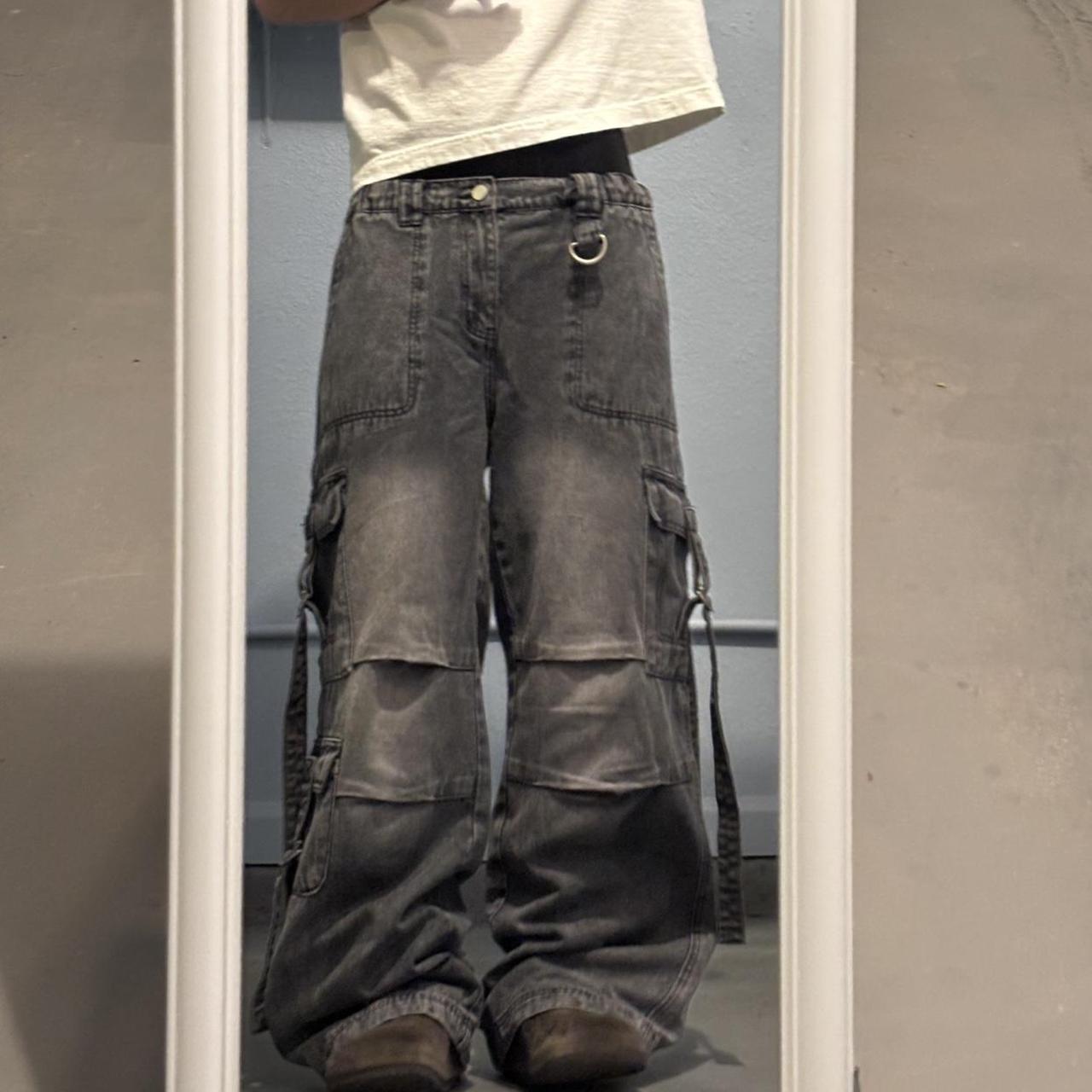 Washed black grunge baggy cargo denim -hella fire... | Depop
