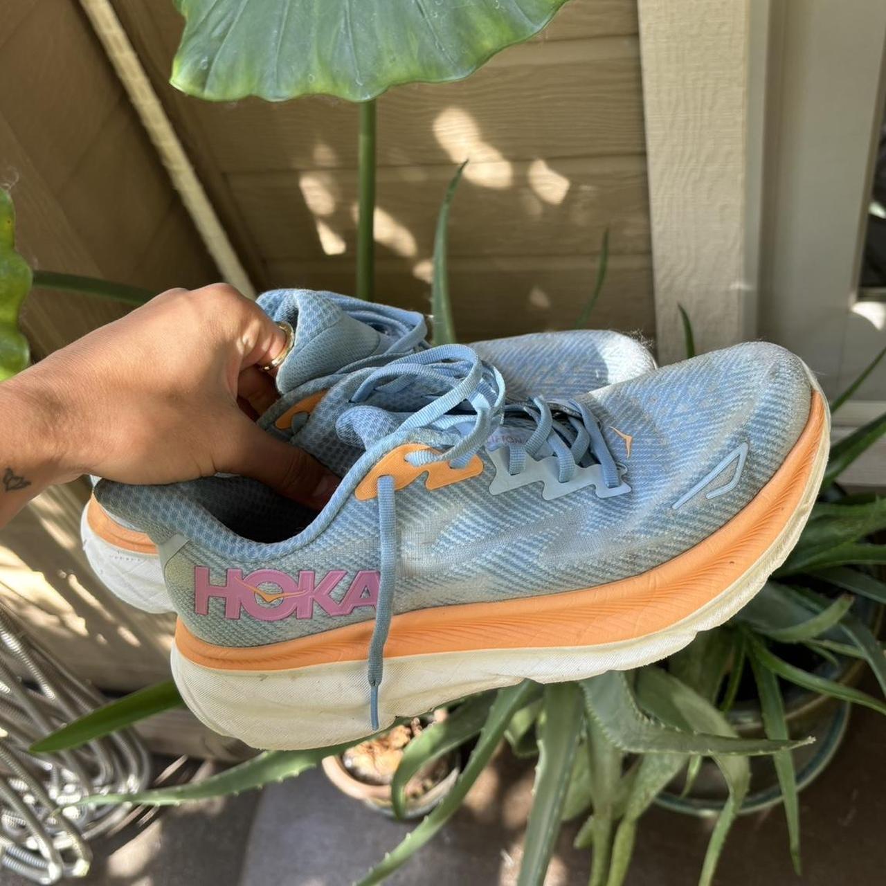 Hokas Blue and orange Clifton 9 Hoka tennis shoes... - Depop