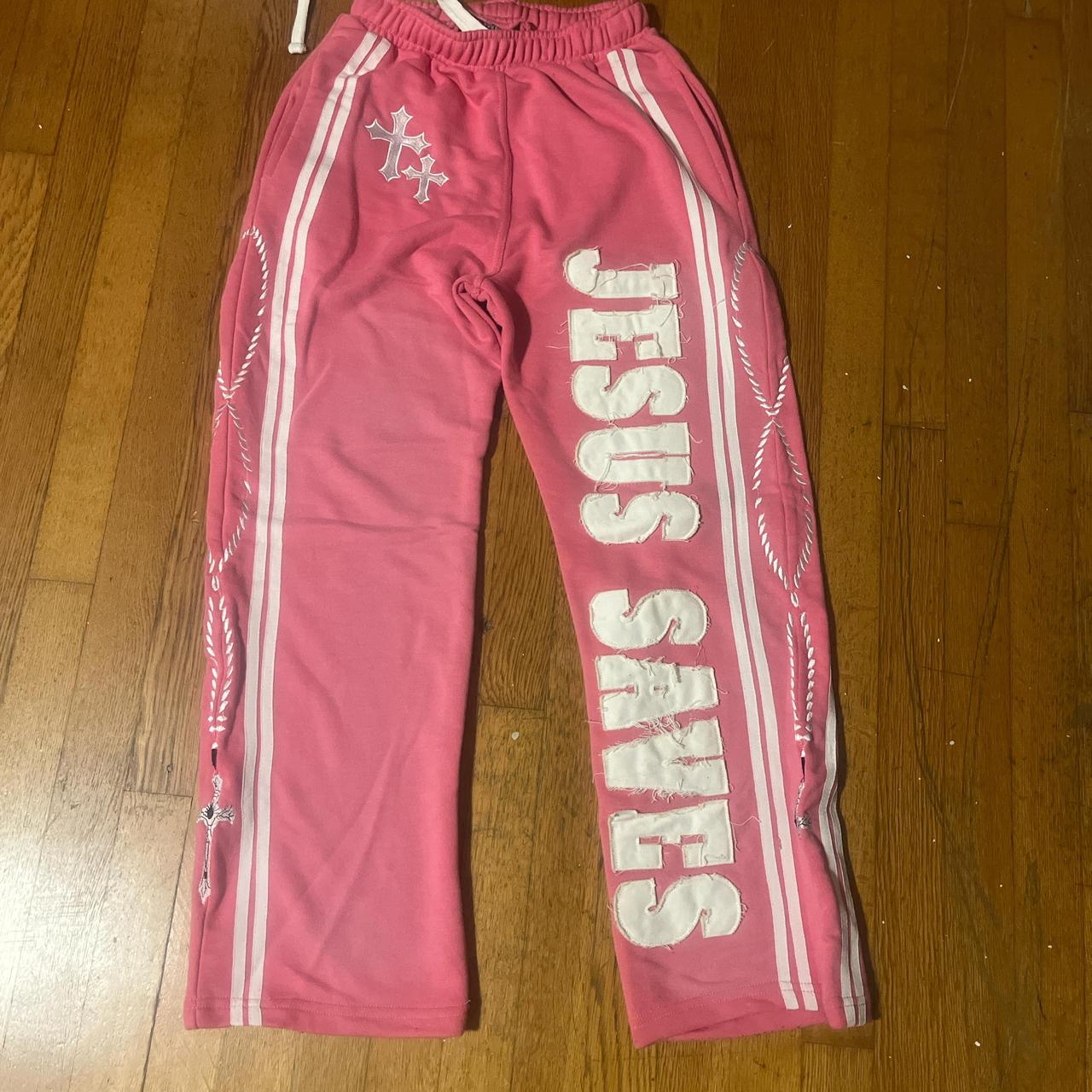 Pink and white Jesus Saves streetwear sweatpants... - Depop