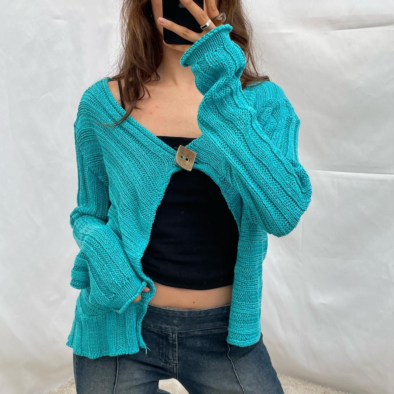 Vintage 90s blue knitted off the shoulder cardigan... - Depop