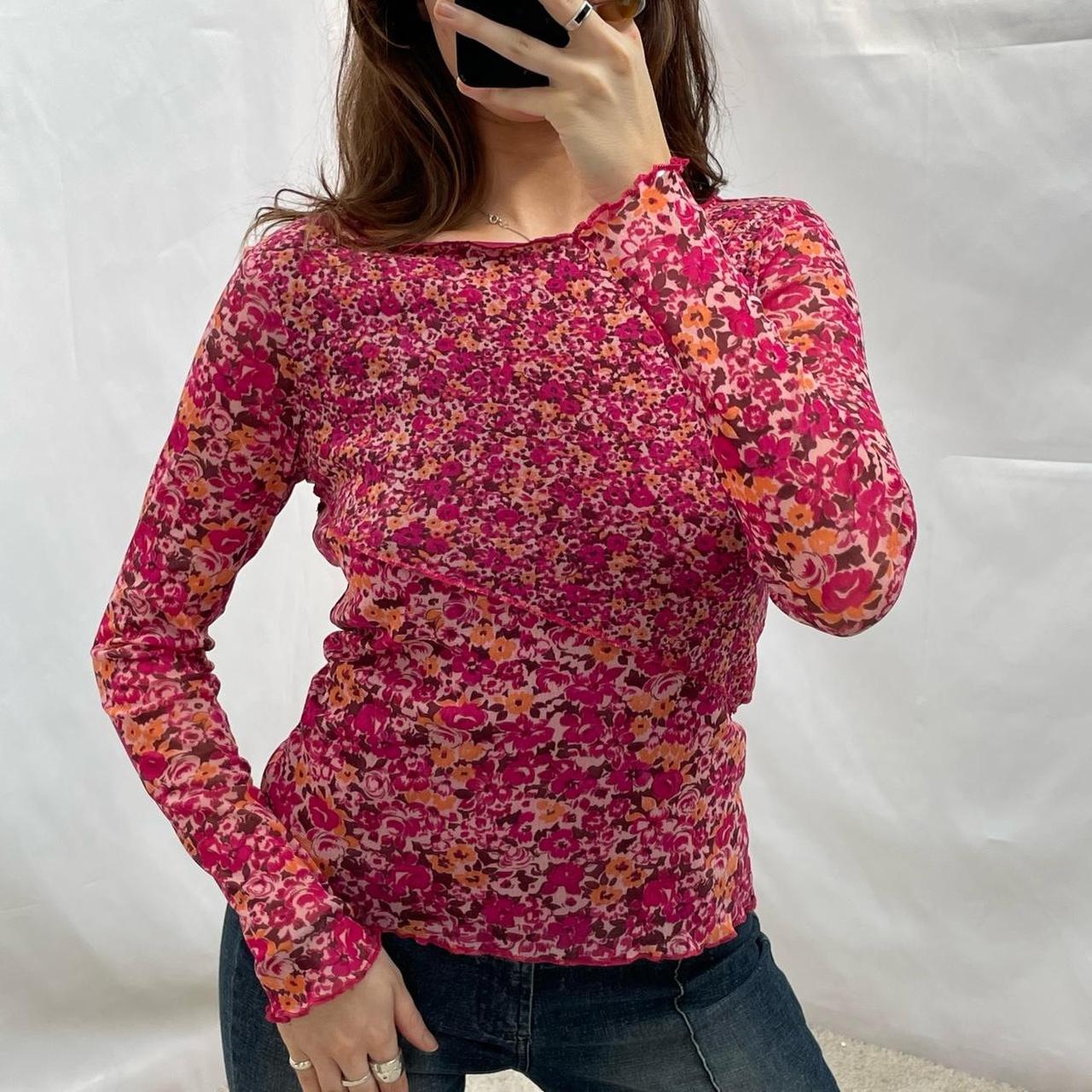 Vintage pink floral mesh mesh long sleeve top.... - Depop