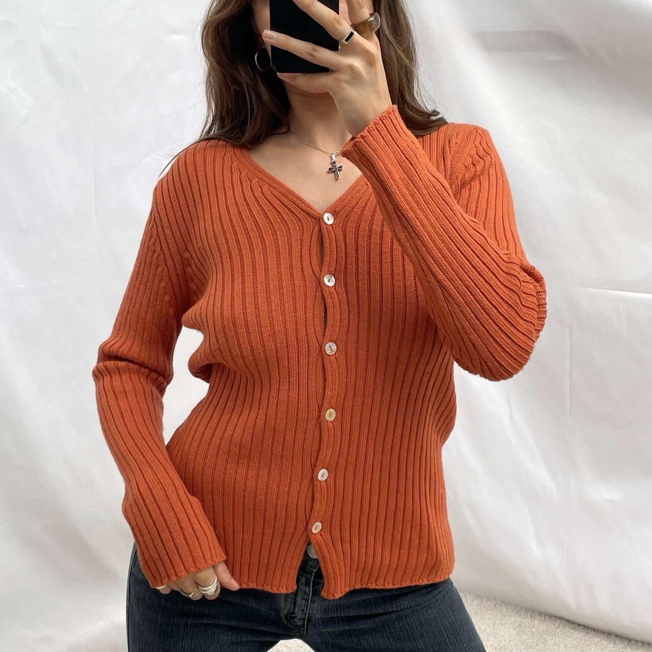 Vintage orange ribbed knit button up cardigan. Size... - Depop